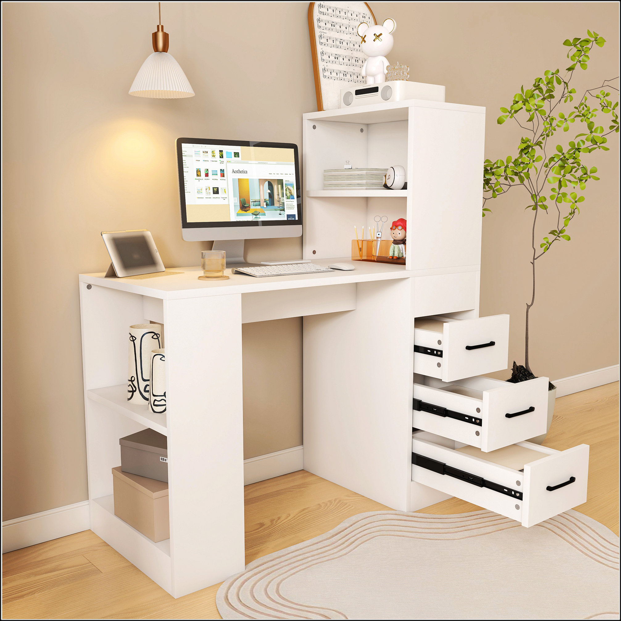 Ebern Designs White Computer Desk With 4-In-1 Socket | Wayfair