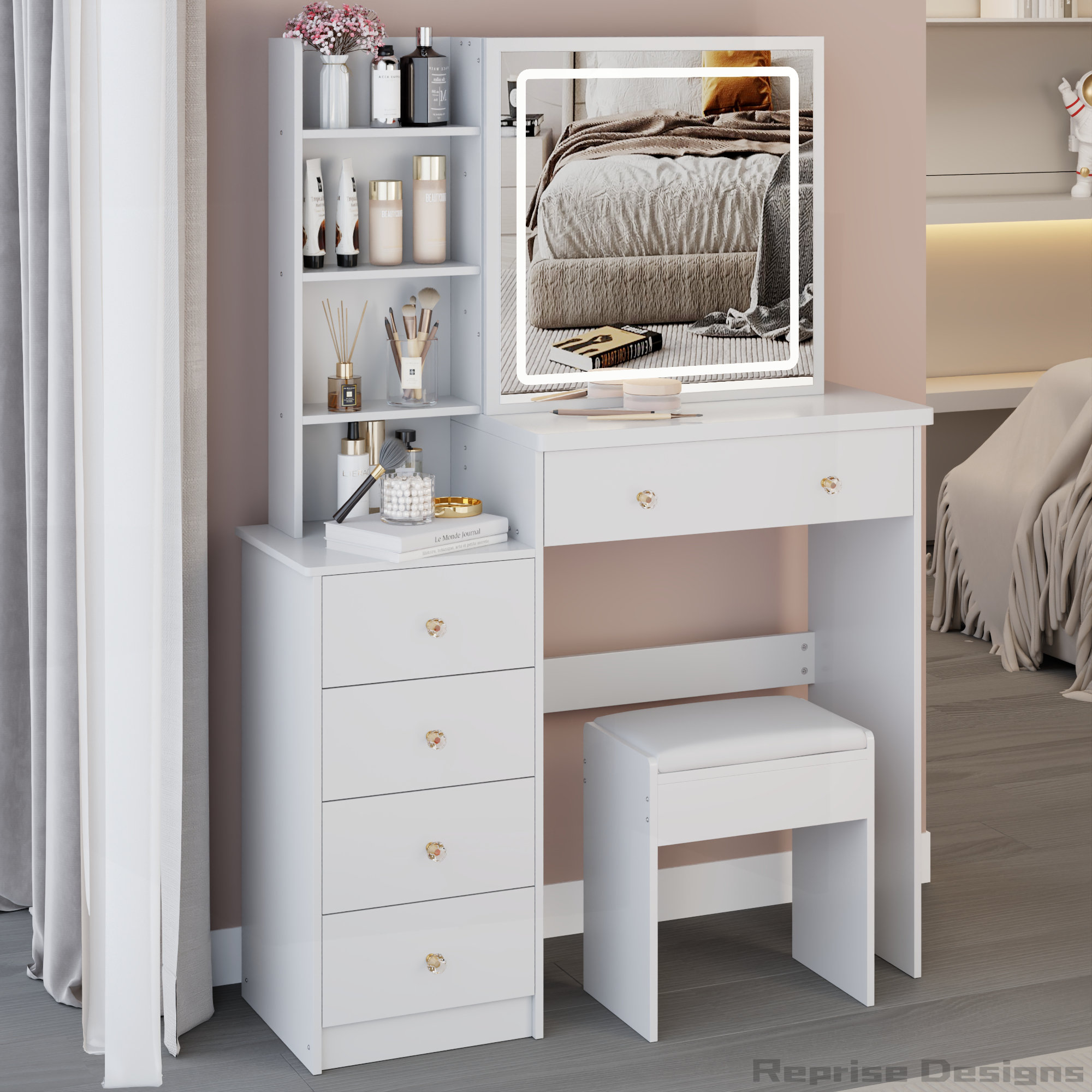 Reprise Designs 37" Middle Size Left Bedside Cabinet Vanity Table with ...