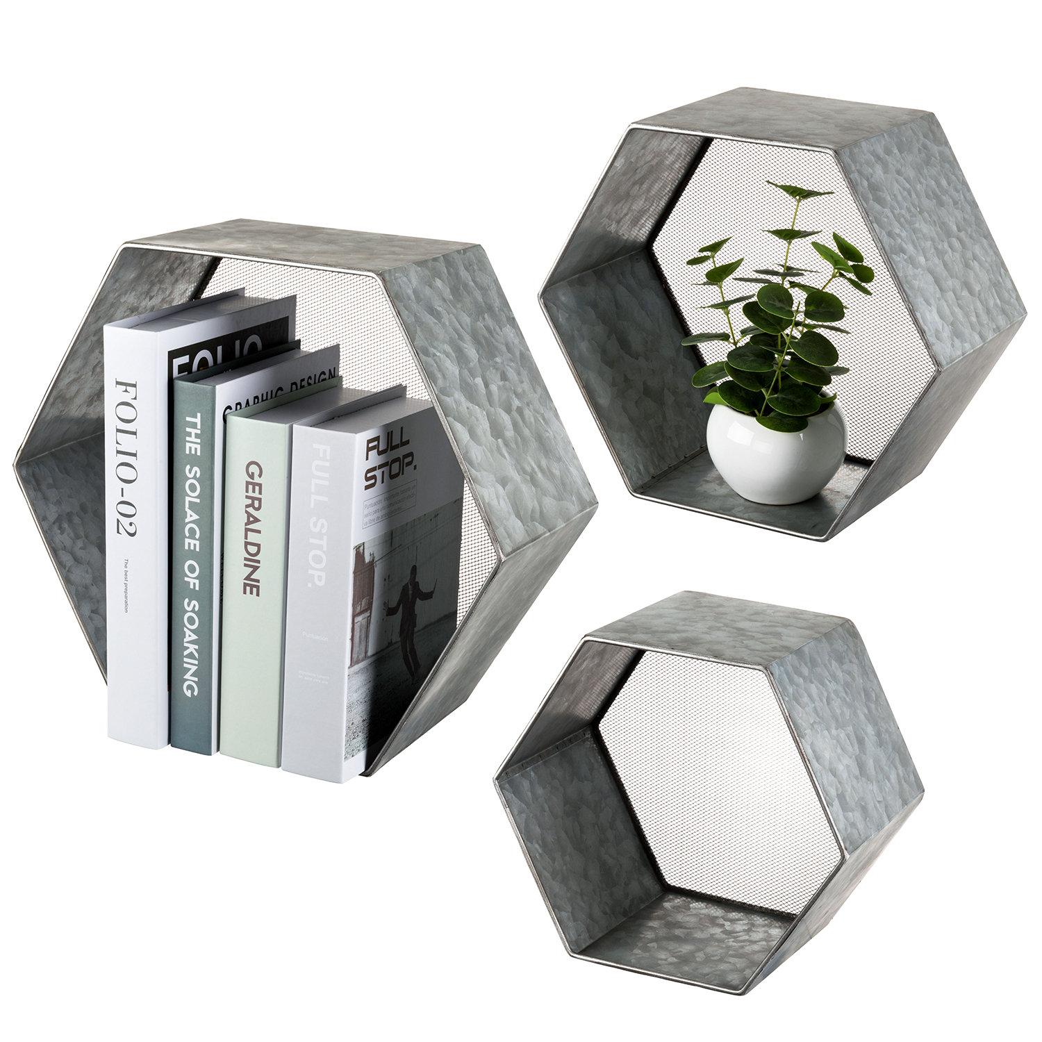 Hokku Designs Vrinda Galvanized Metal Hexagon Floating Shelves ...