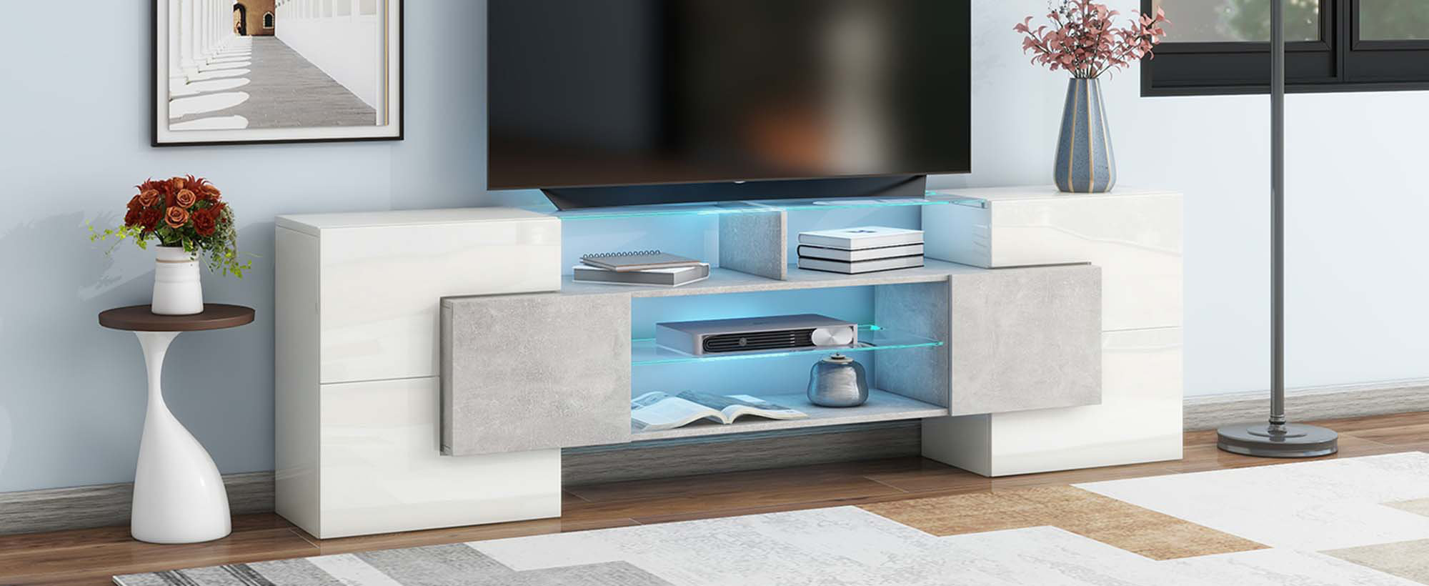 Ivy Bronx Unique Shape High Gloss TV Stand With 2 Illuminated Glass ...