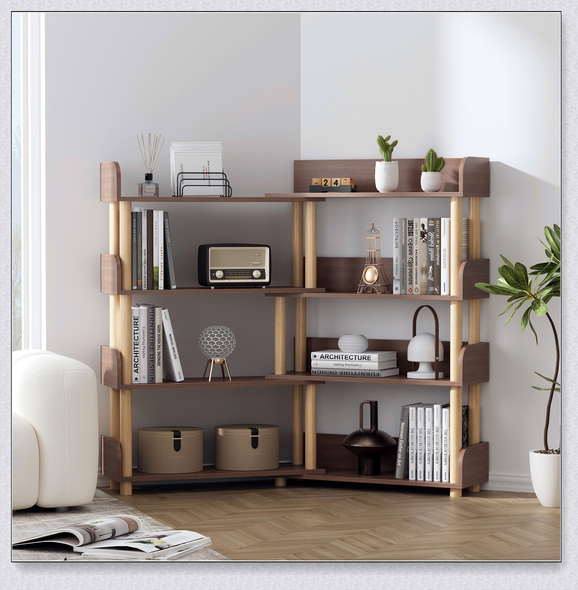 Ivy Bronx 4 Tier Retractable & Rotatable Bookcases, Wooden Corner Book Shelf, Storage Rack for ...