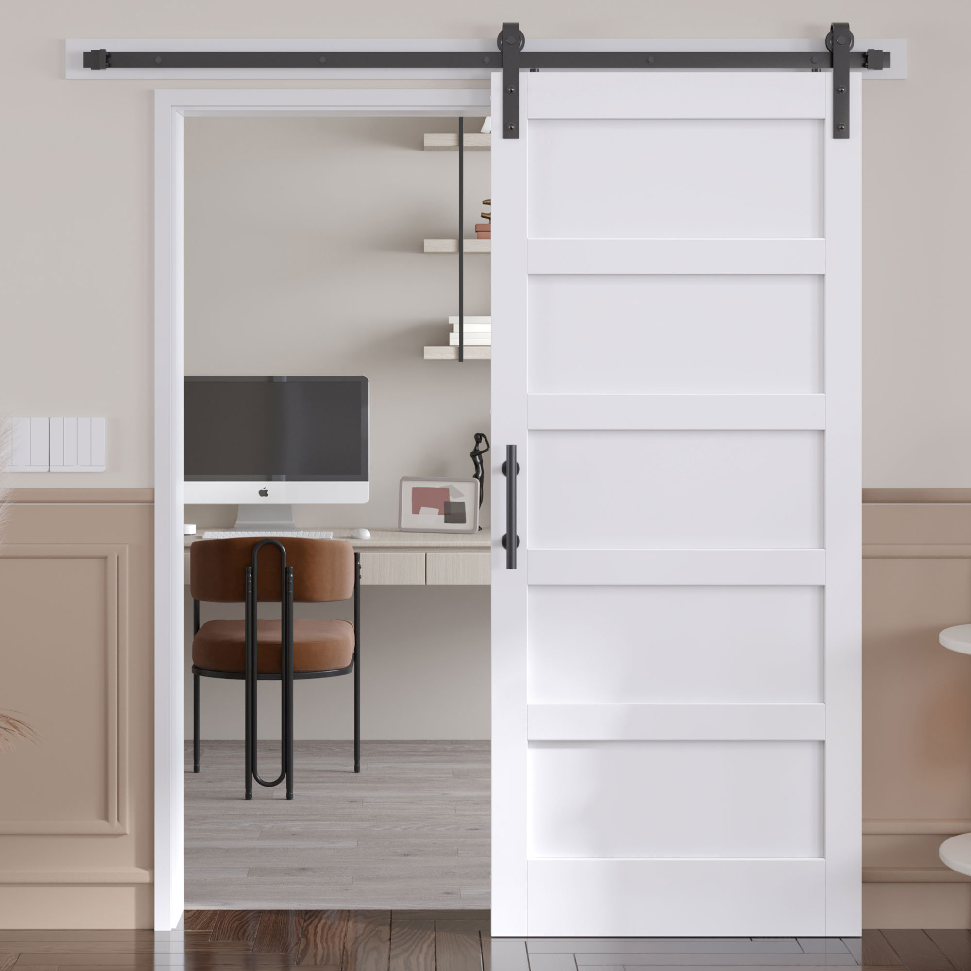 TREEBLING 84" Height 5-Panel Manufactured Wood Barn Door with ...