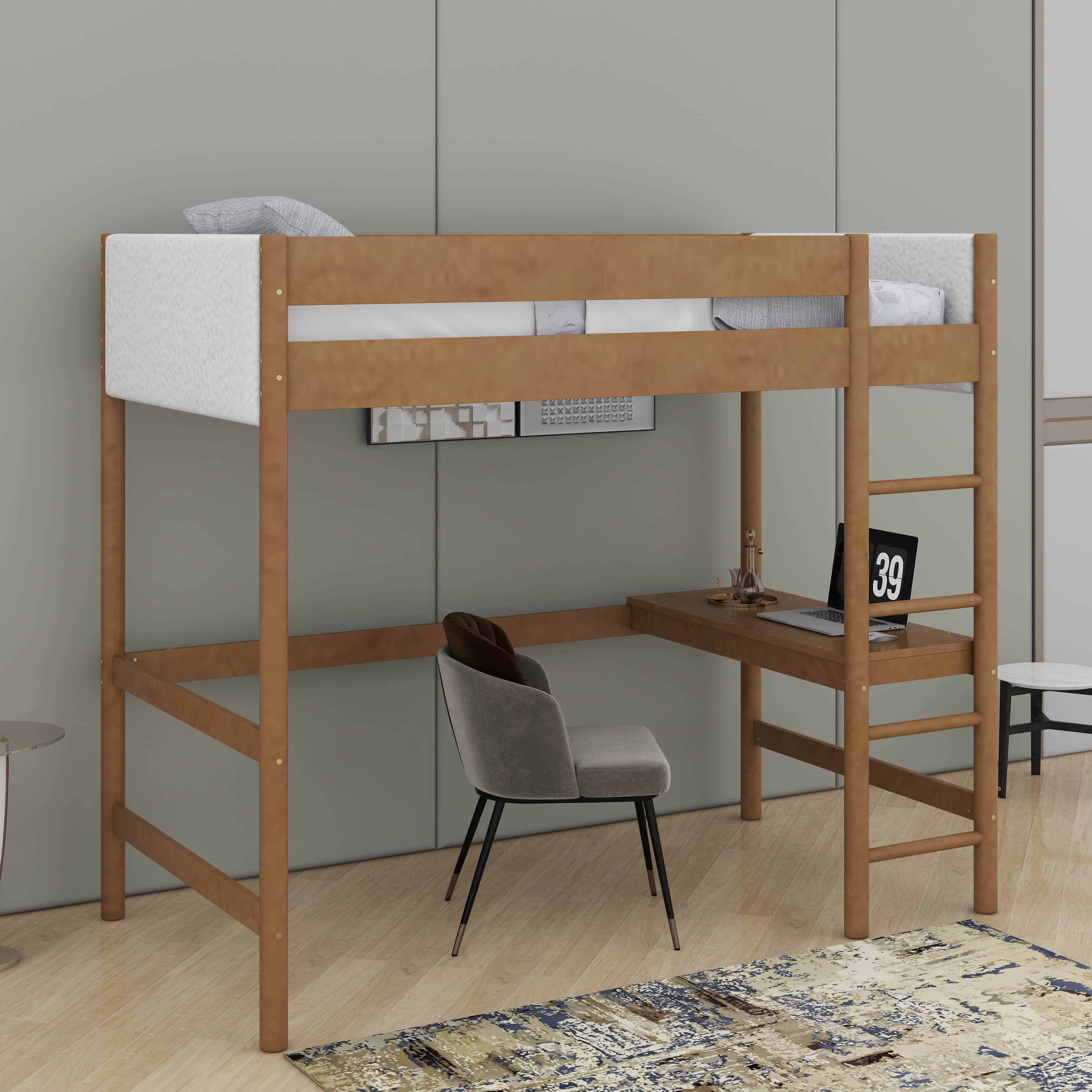 Ivy Bronx Twin Size Loft Bed With Desk, Boucle Upholstered Headboard ...
