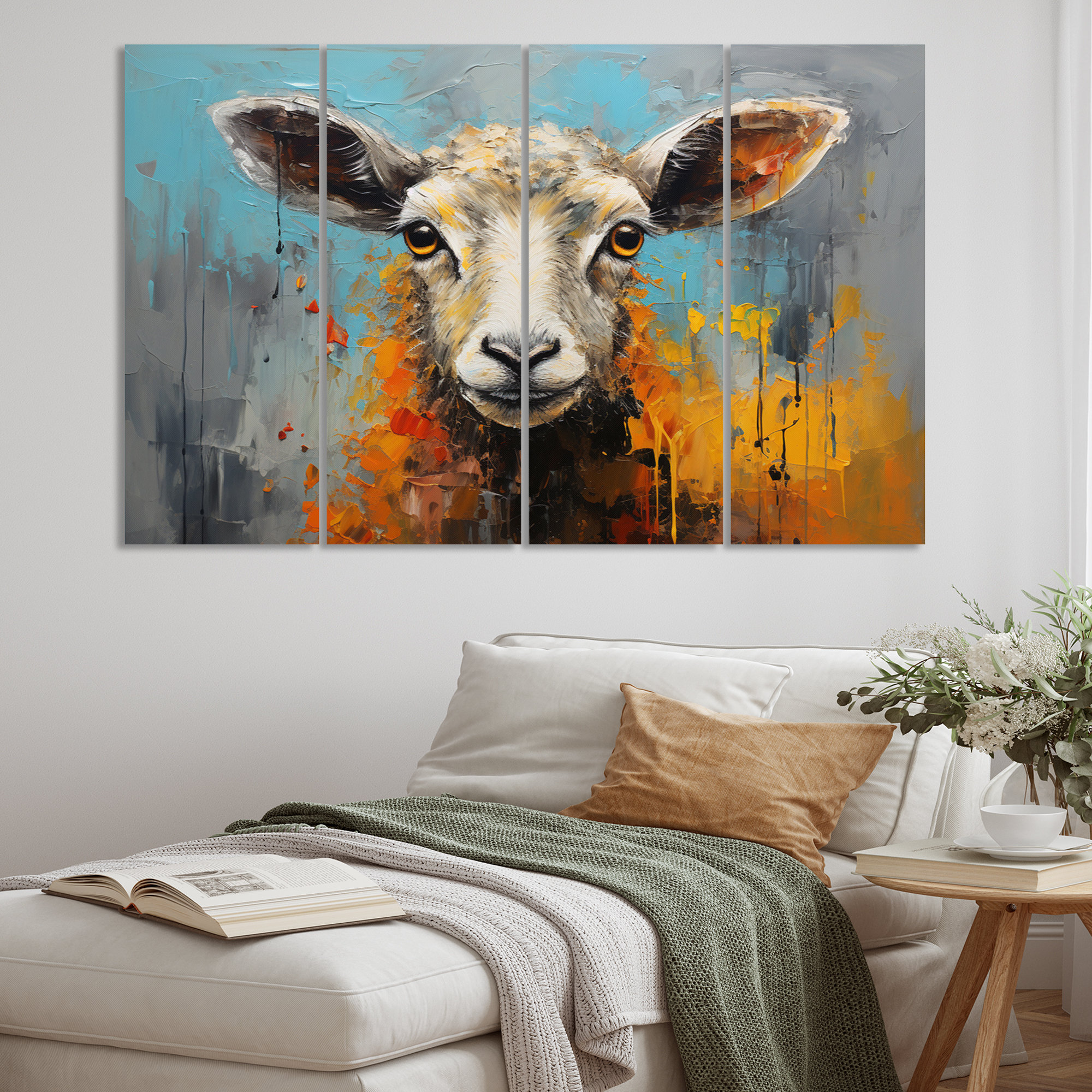 August Grove Teal Palette Knife Sheep - Animals Wall Decor - 4 Panels ...