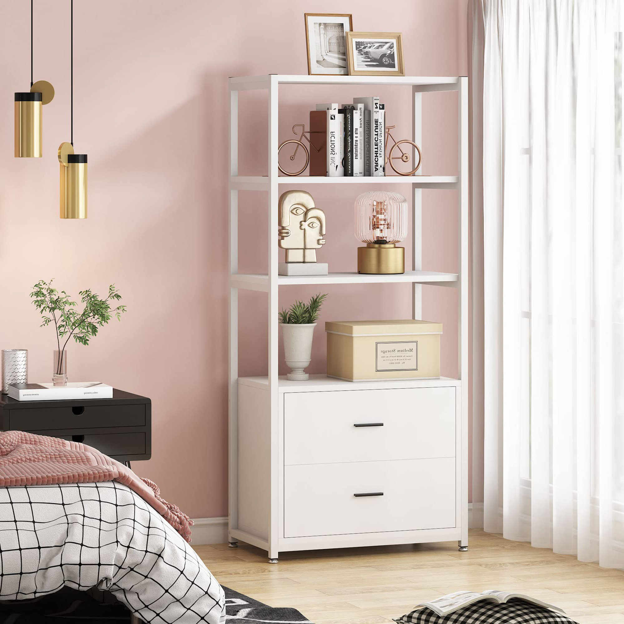 Latitude Run® Bookcase, 4-Tier White Bookshelf With 2 Drawers, Etagere ...