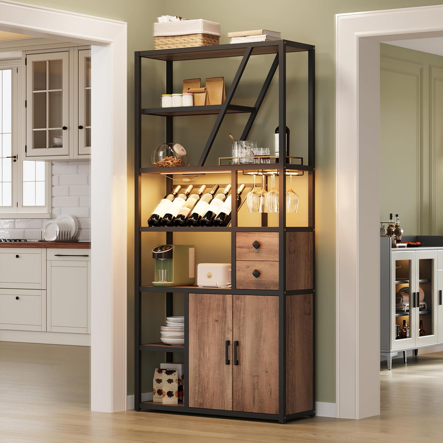 Ebern Designs Wine Bar Cabinet With LED Lights, Power Outlets, Wine ...