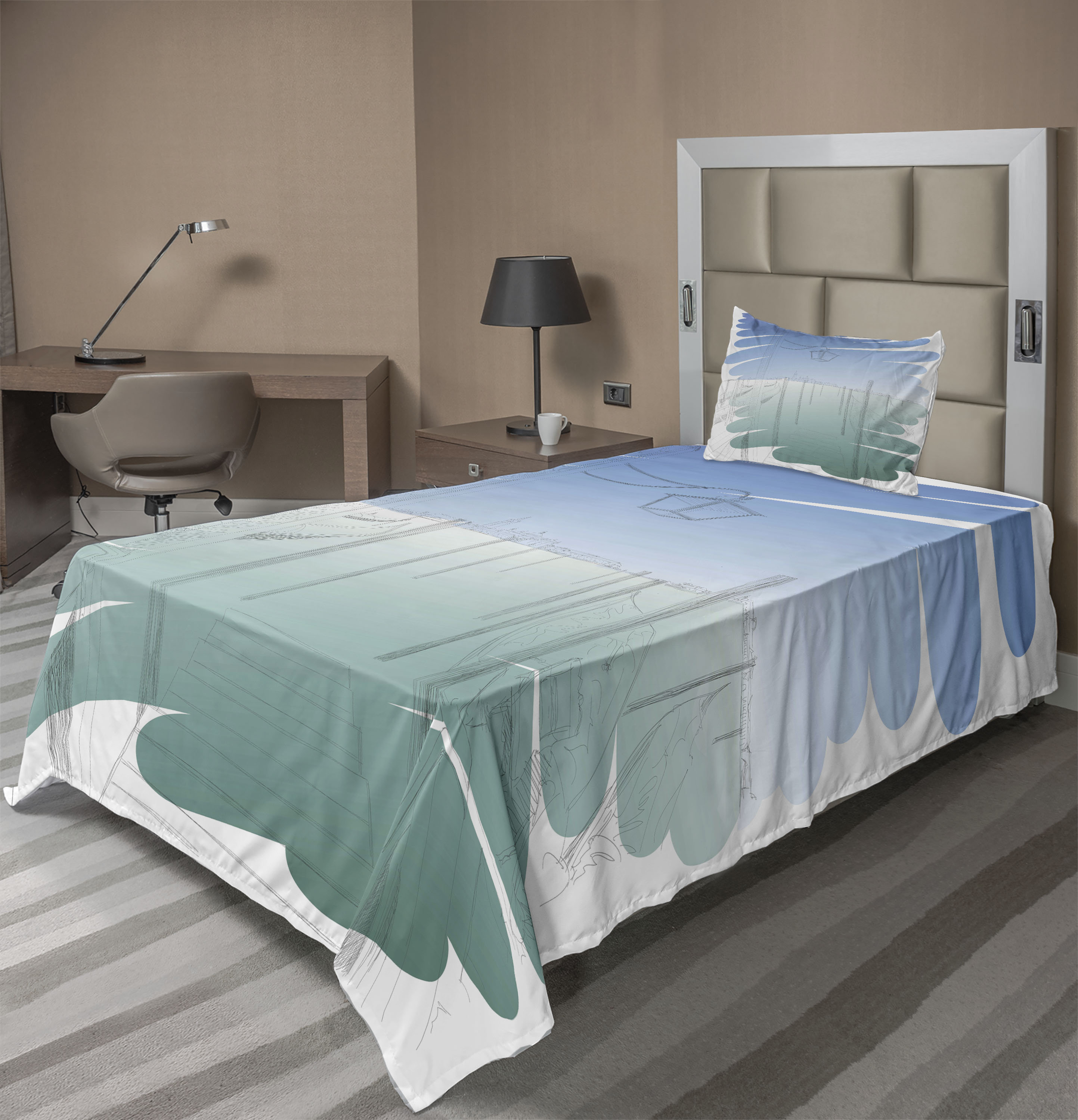 Ambesonne Dock Sheet Set Sketch Boats Planks Brush Art Cadet Blue Pale ...