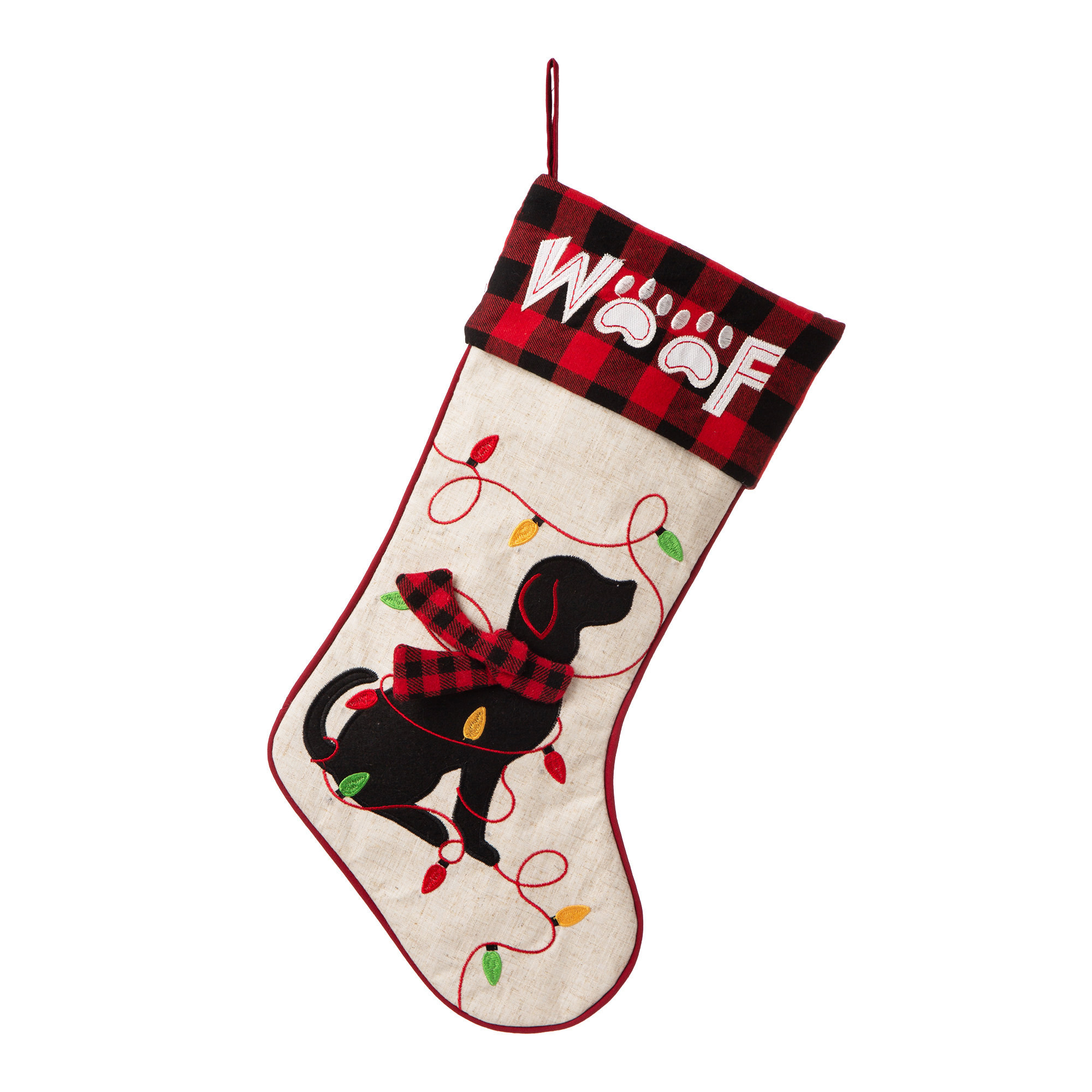 The Holiday Aisle® LED Embroidered Linen Christmas Dog Stocking ...