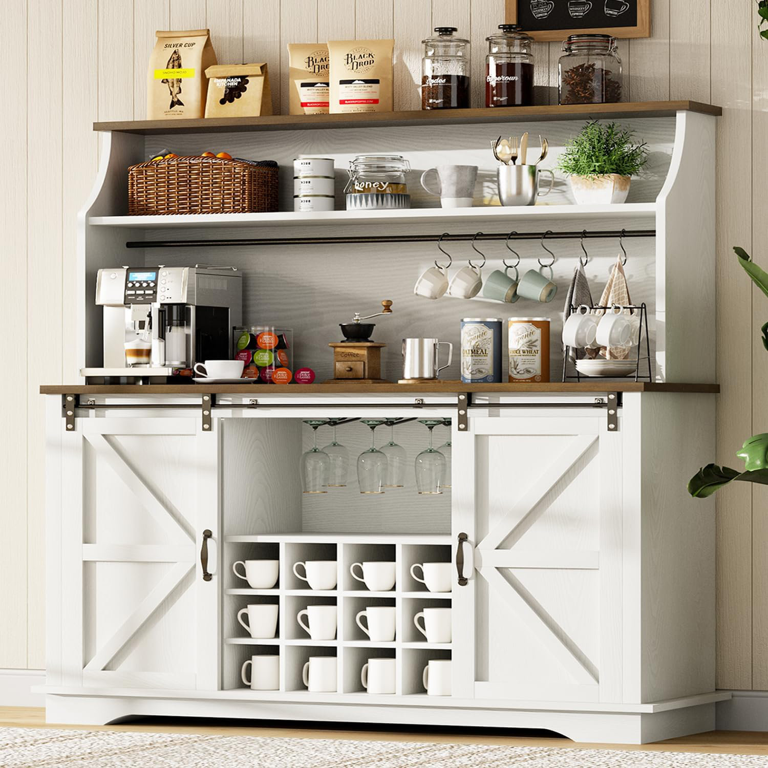 August Grove® 55" Farmhouse Coffee Bar with 3-Tier Storage, Wine Bar ...