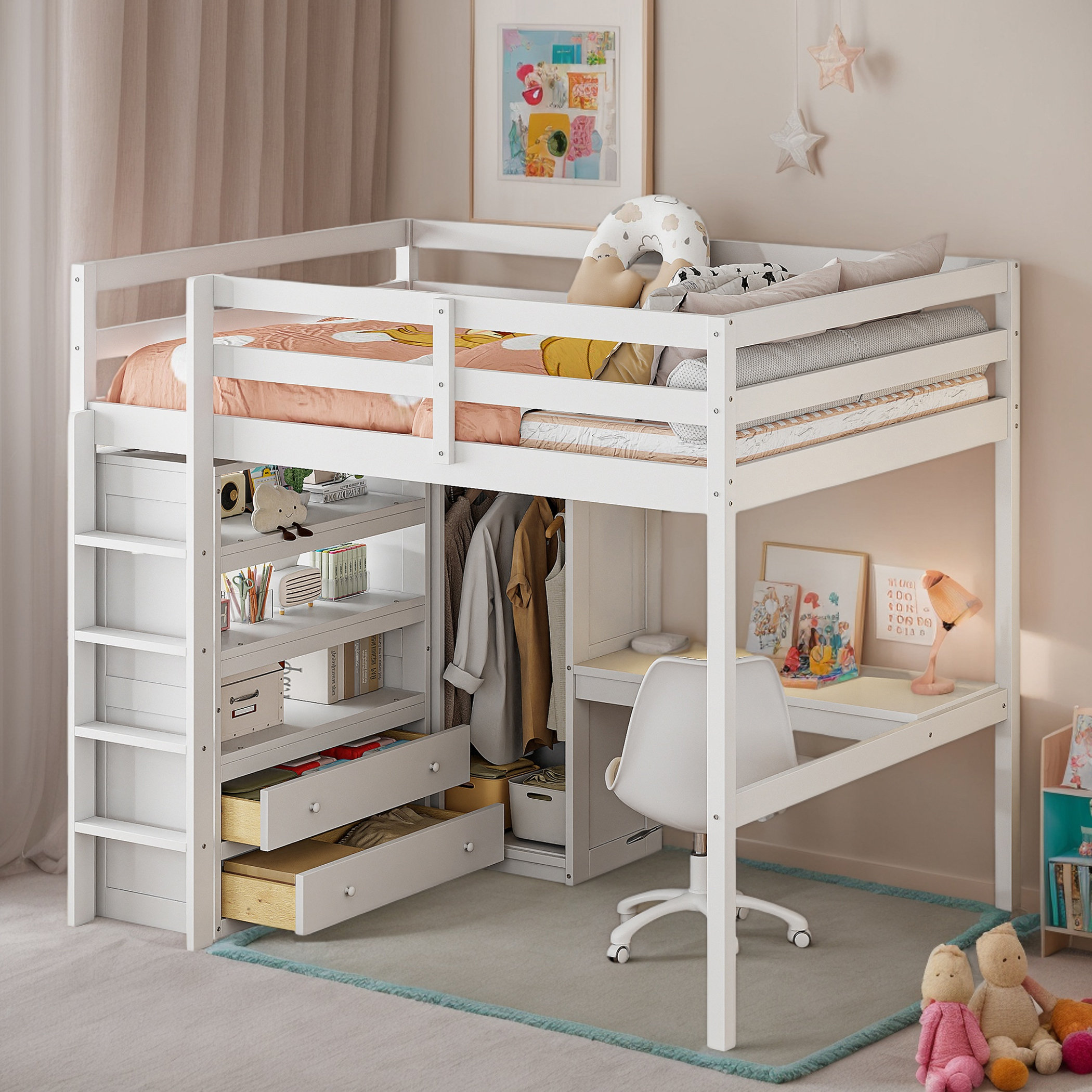 Harriet Bee Full Size Loft Bed With Desk & Wardrobe, Wood Full Loft ...