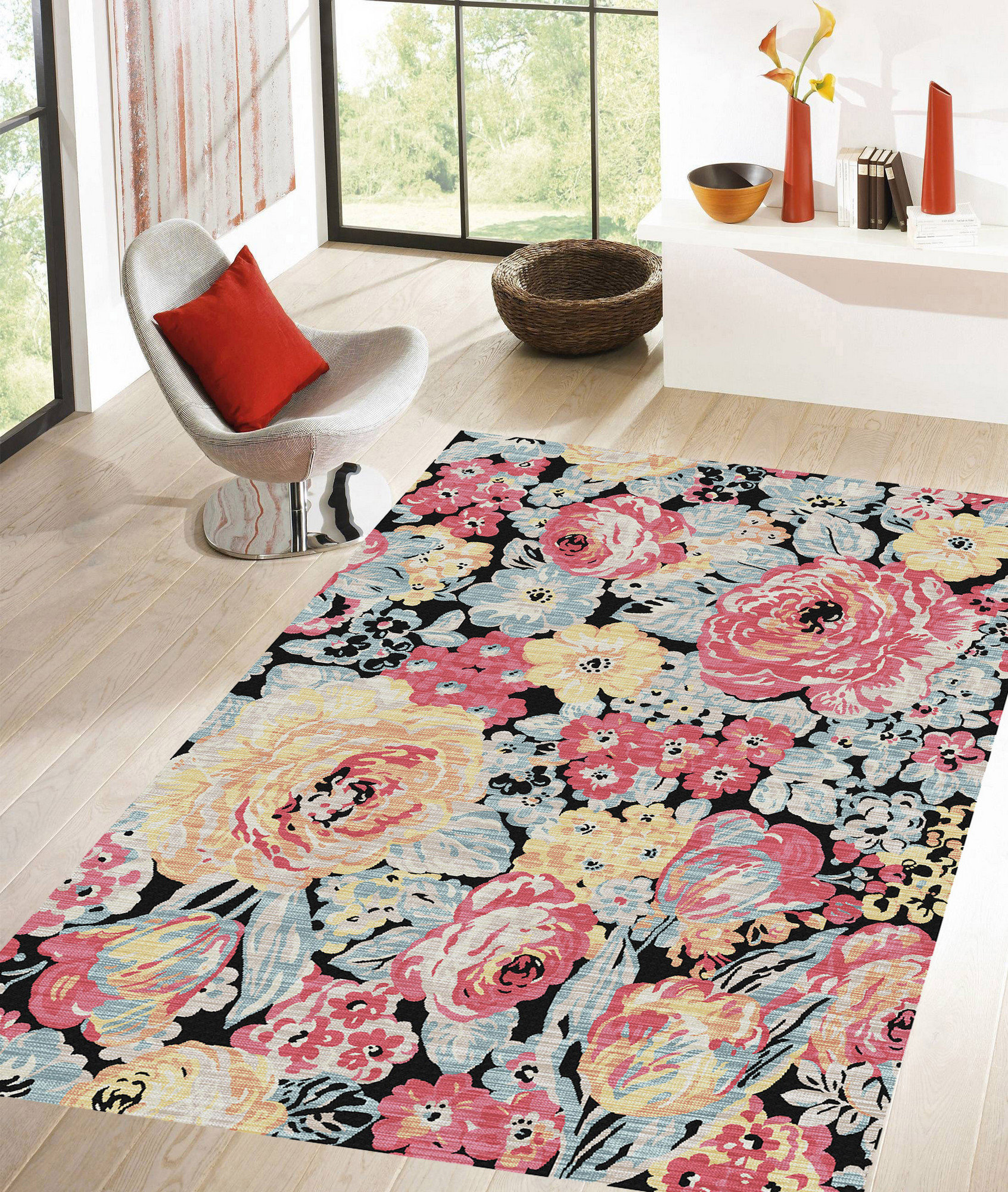 East Urban Home Deloatch Floral Machine Woven Velvet Area Rug in Pink ...