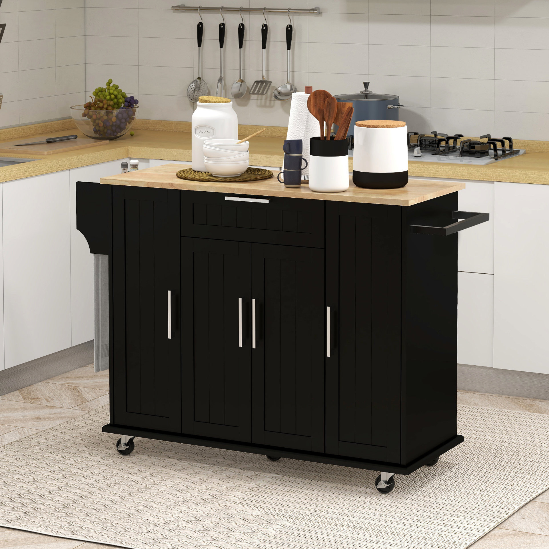 Latitude Run® Rolling Kitchen Island With Smooth Rubberwood Surface ...
