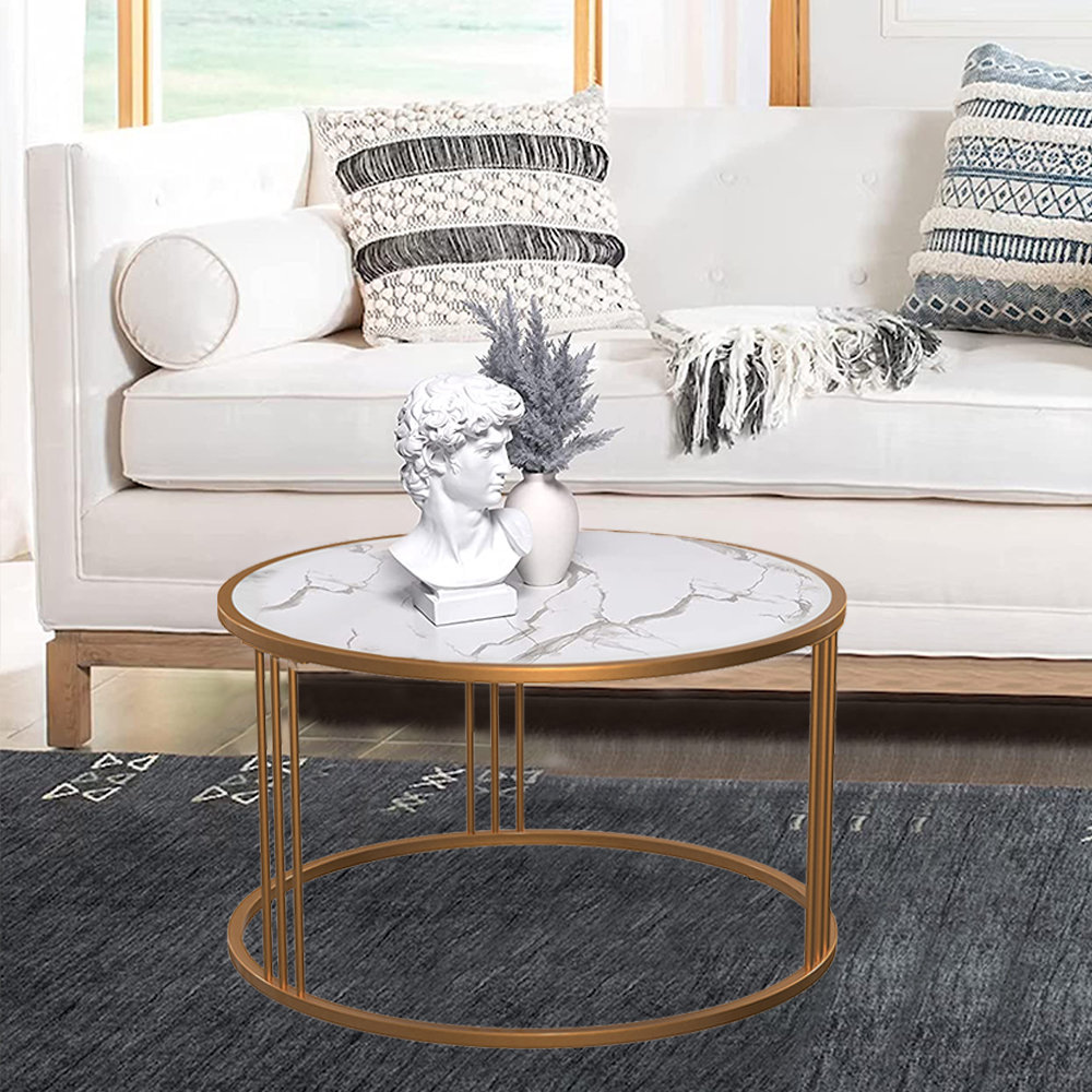 Mercer41 Slate/Sintered Stone Round Coffee Table With Golden Stainless ...