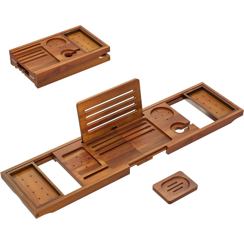 Hokku Designs Premium Foldable Teak Bathtub Tray, Expandable Bath Tray ...