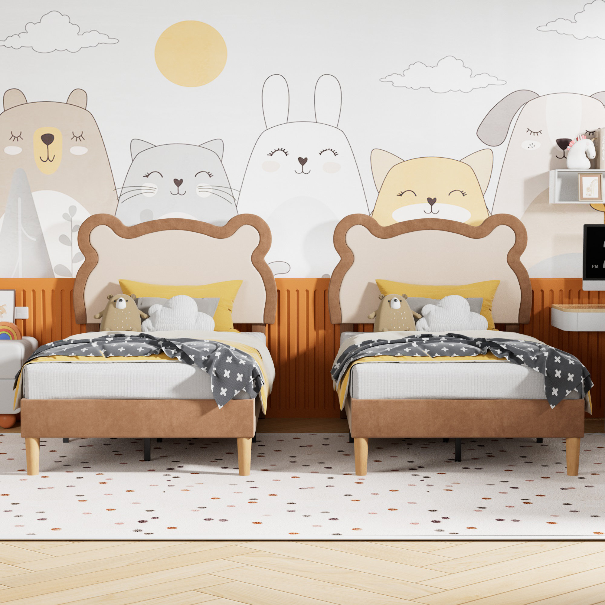 Zoomie Kids Bear Shape Adjustable Headboard Platform Bed Frame Set ...