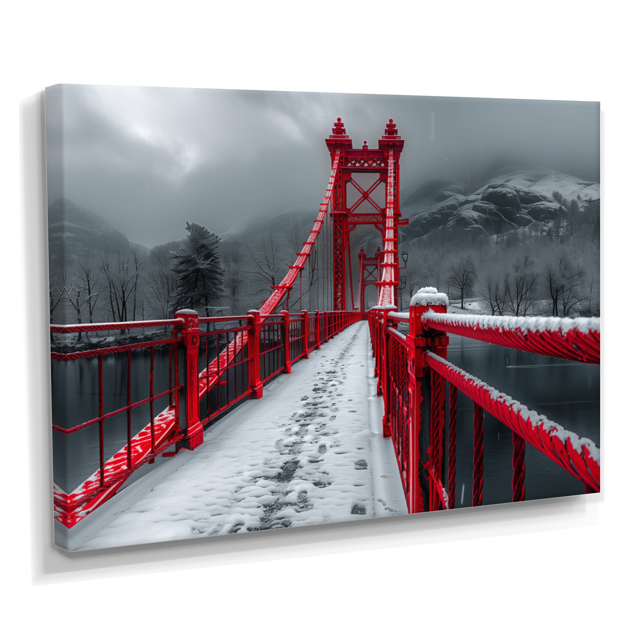 Design Art Red White Winter Walkway Bridge - Bridges Wall Decor | Wayfair