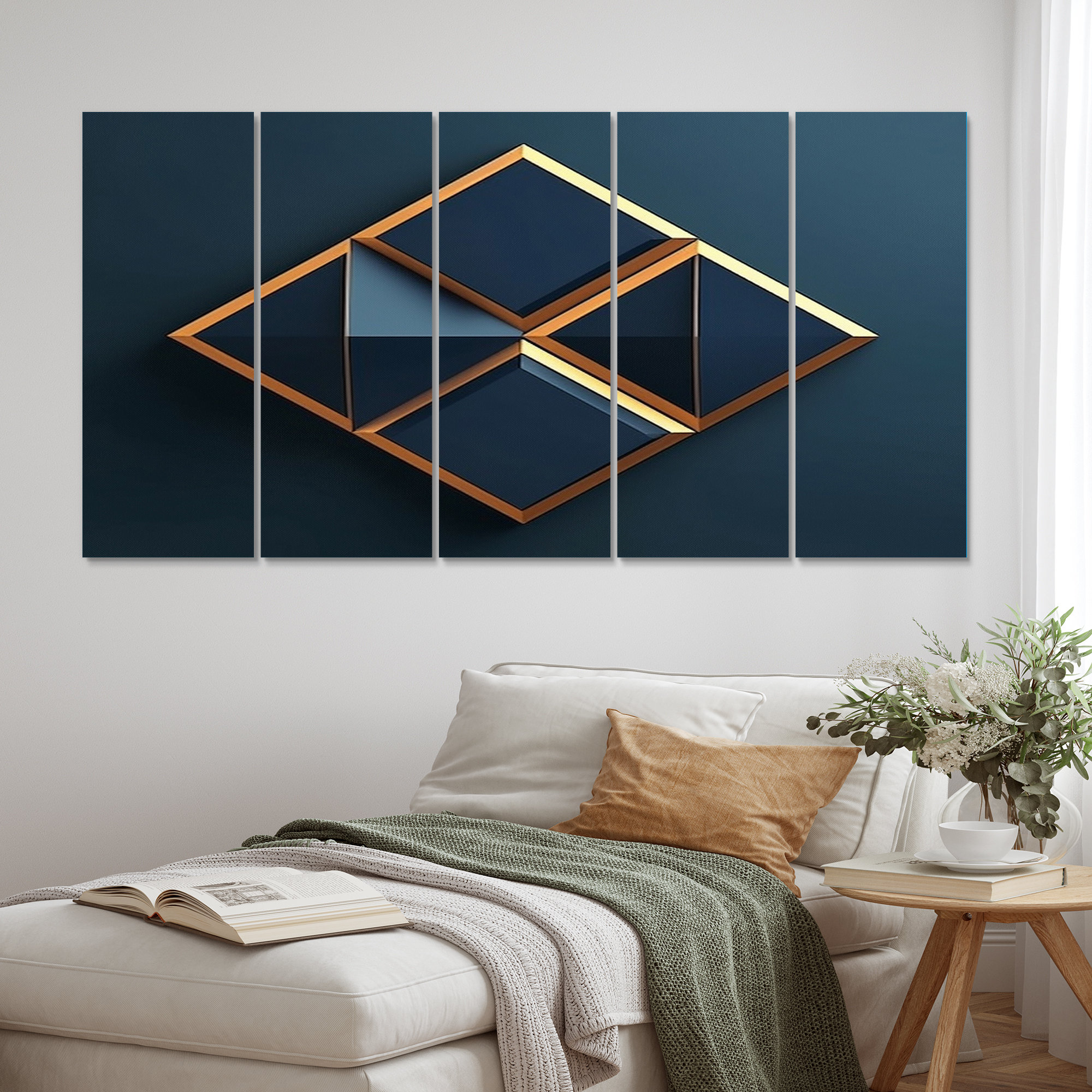 Mercer41 Retro Diamond Geometry In Blue And Gold I On Canvas 5 Pieces ...
