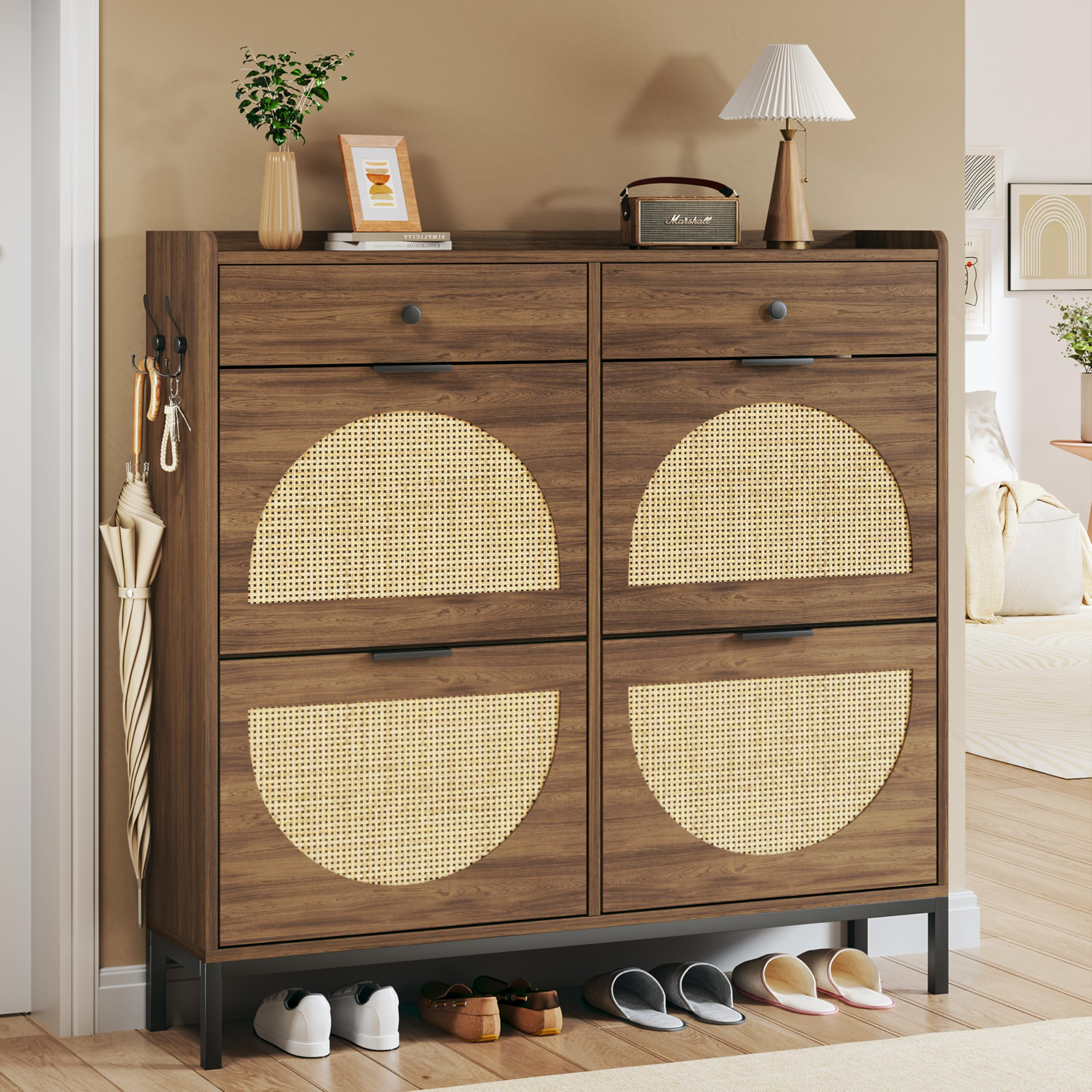 Bayou Breeze 24 Pair Shoe Storage Cabinet 4 Flip Drawers Rattan Shoe ...