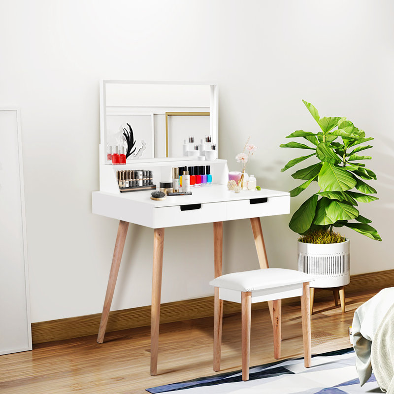 Ebern Designs Maximilien Wood Mirror Vanity Desk Makeup Table & Reviews ...