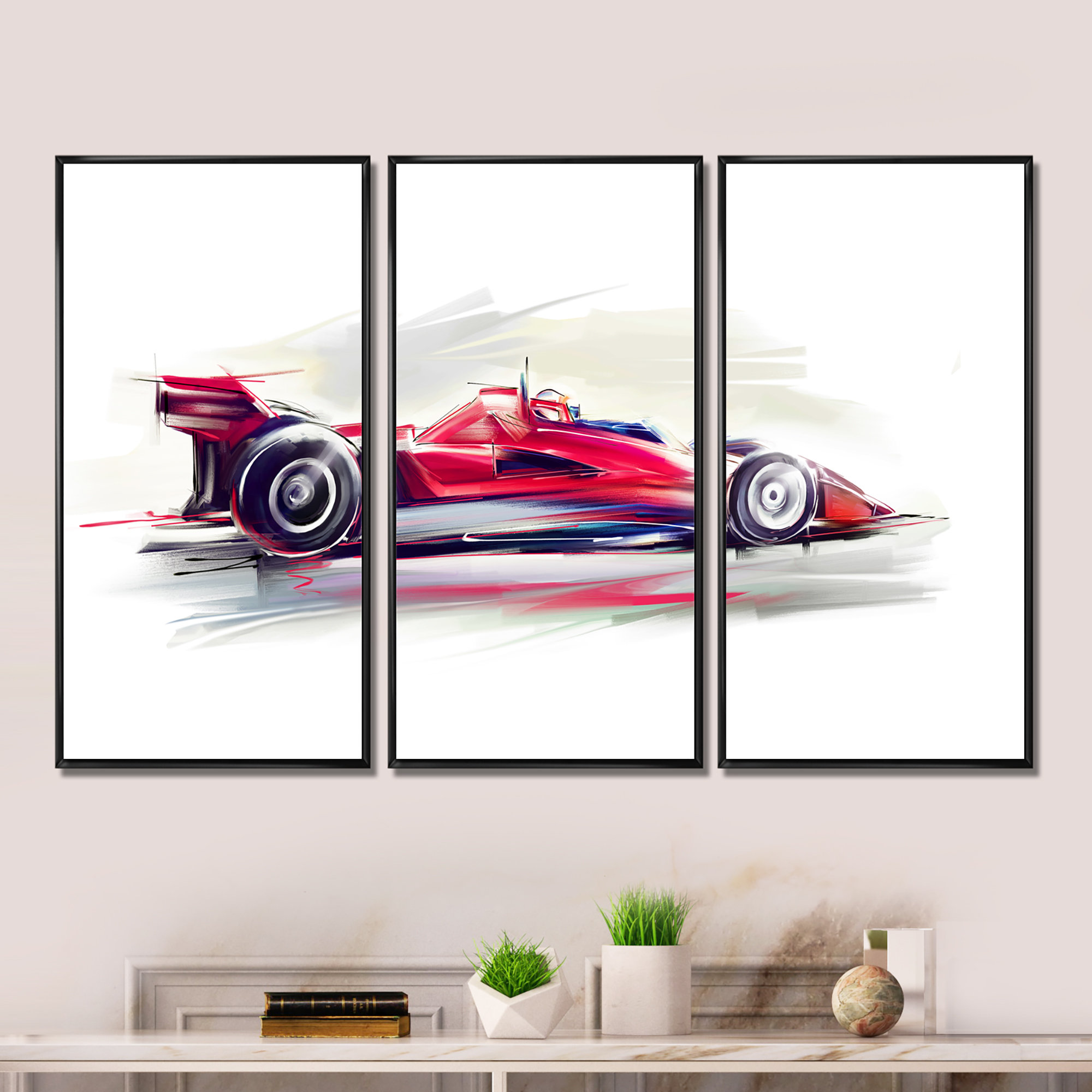17 Stories Red Formula One Car - 3 Piece Painting on Canvas | Wayfair