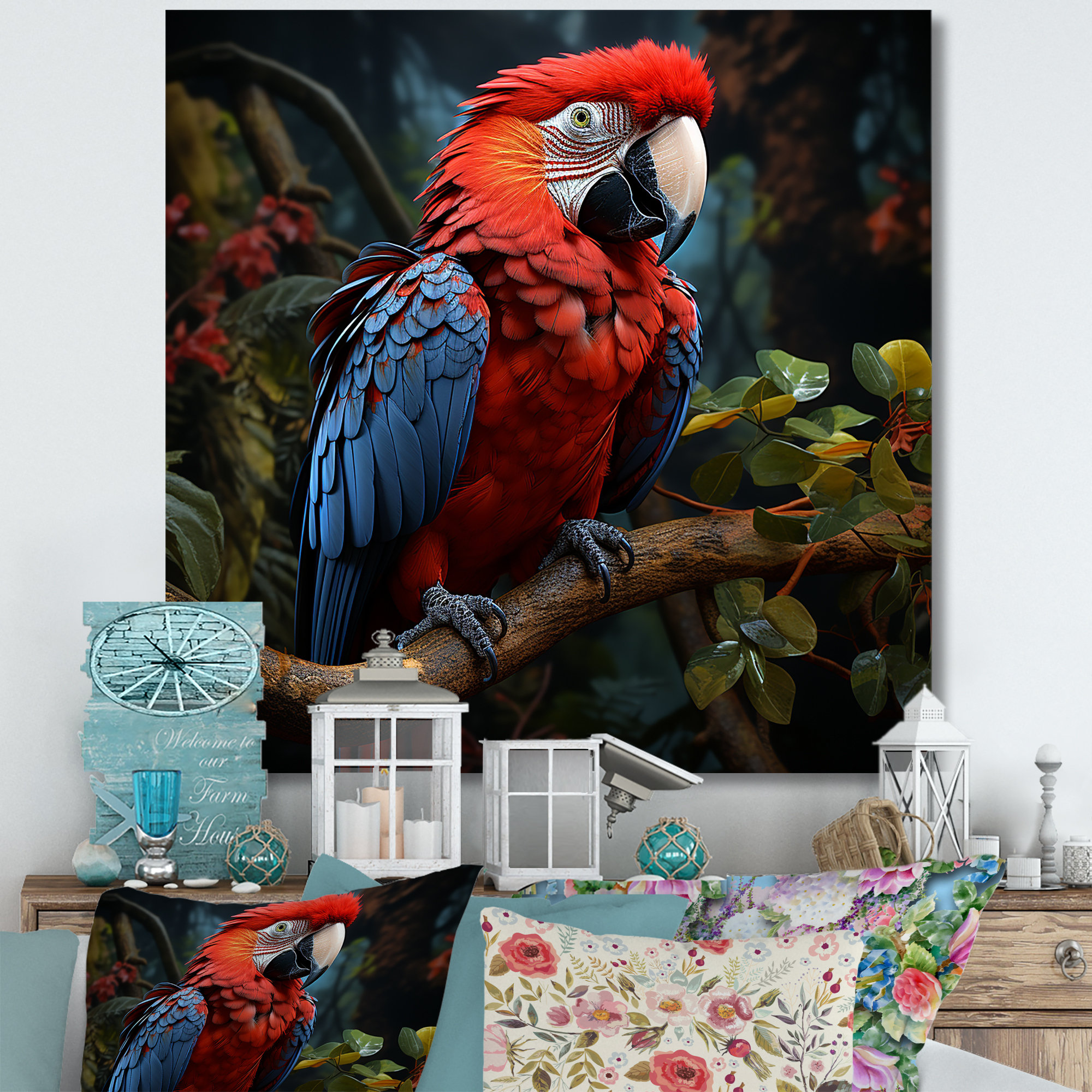Design Art Crimson Elegance Tropical Parrot I - Parrot Canvas Wall Art ...
