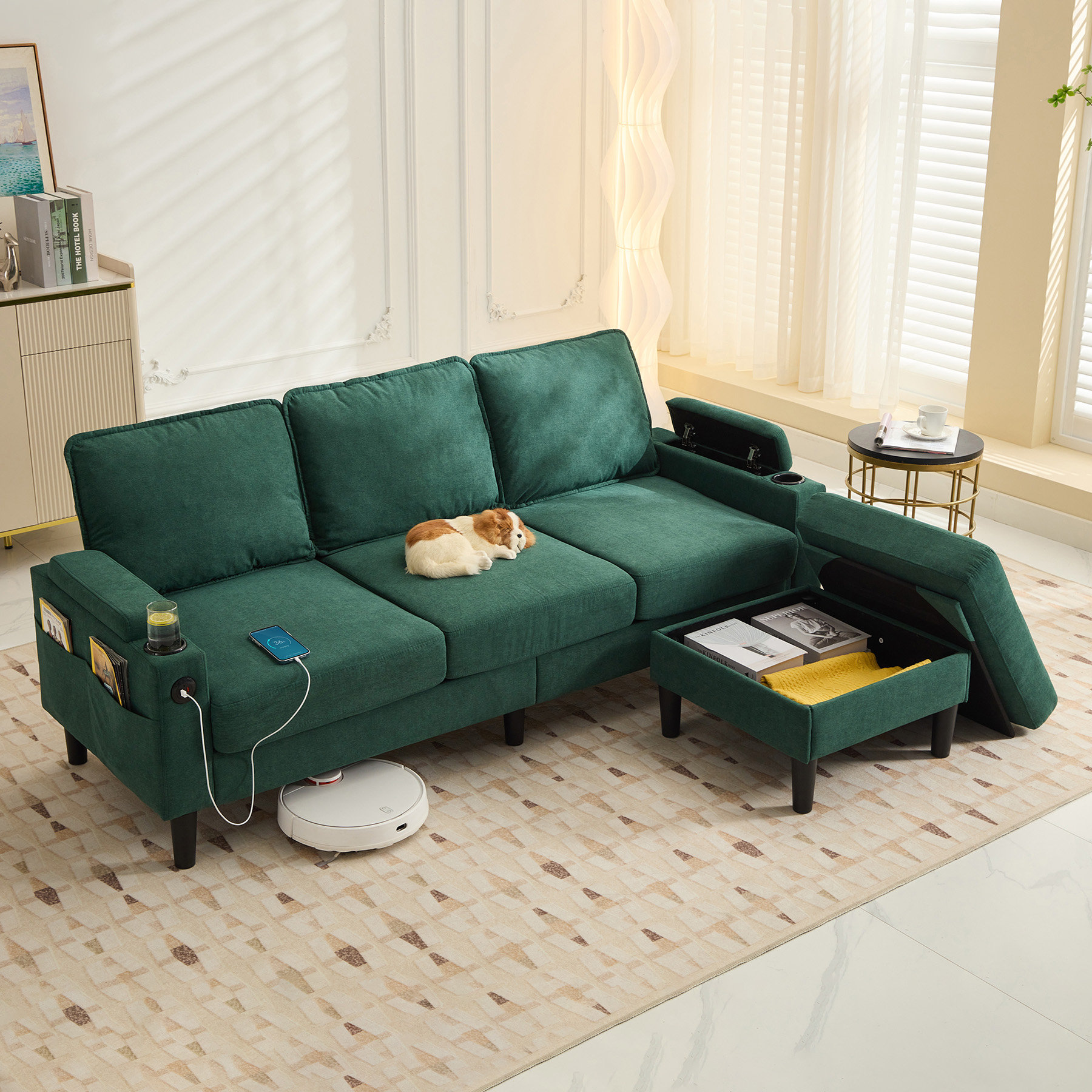 Ebern Designs 3 Seat Combo Sofa With Storage Ottoman, L Shaped Couch ...