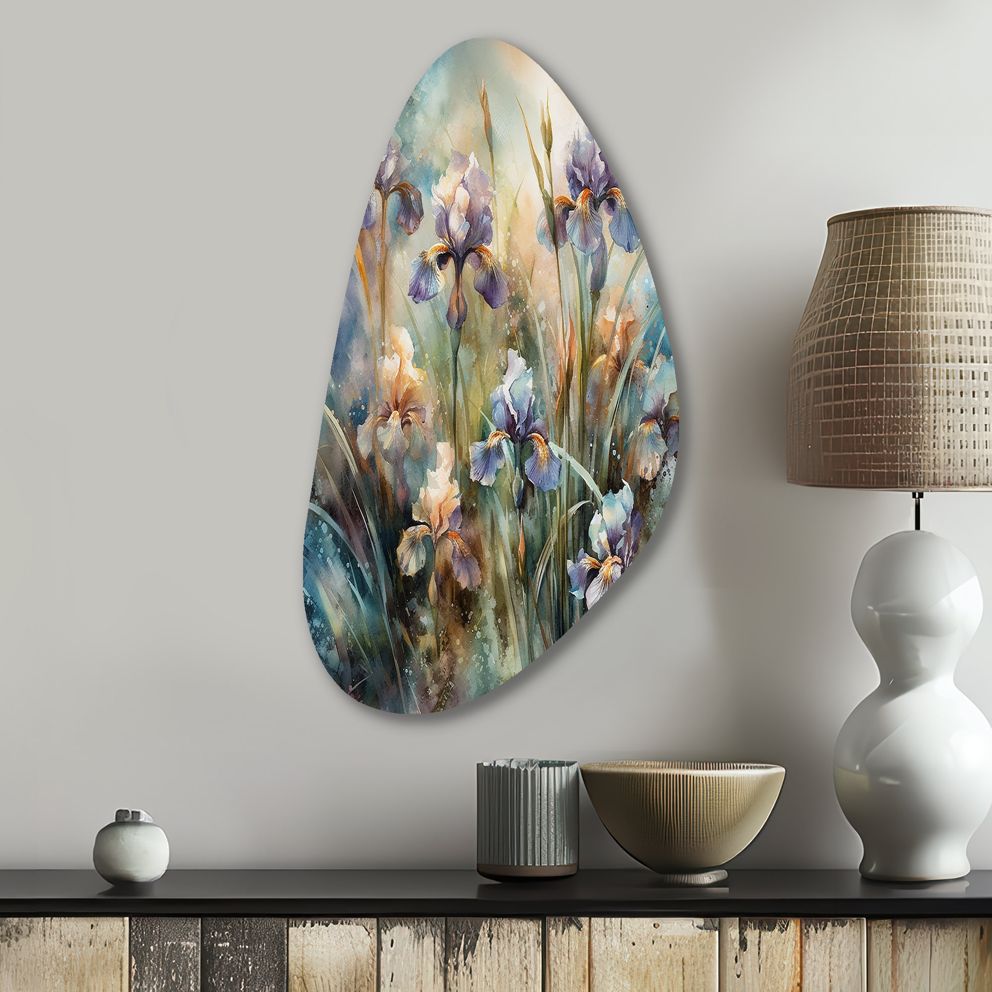 Design Art Purple Green Wild Iri S I - Irises Fall Shape Metal Wall ...