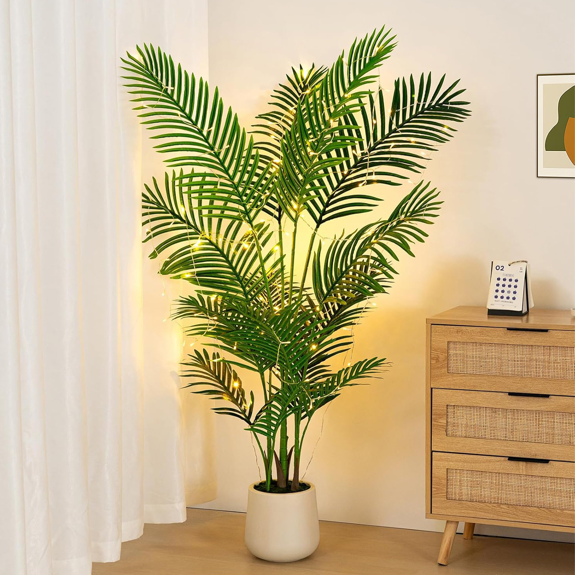 Primrue 5ft Artificial Palm Tree Indoor with LED Fairy Lights & White ...