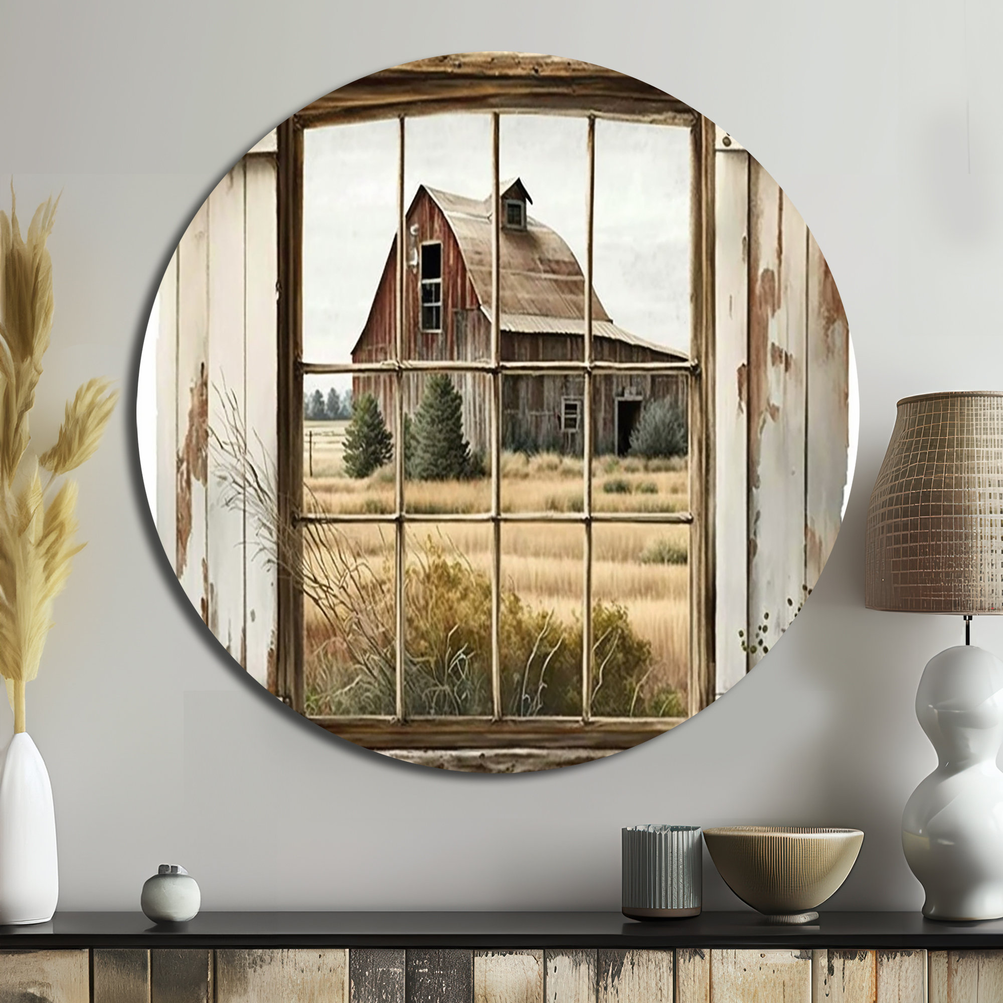 East Urban Home Window View To Farm II - Farm Round Metal Art | Wayfair