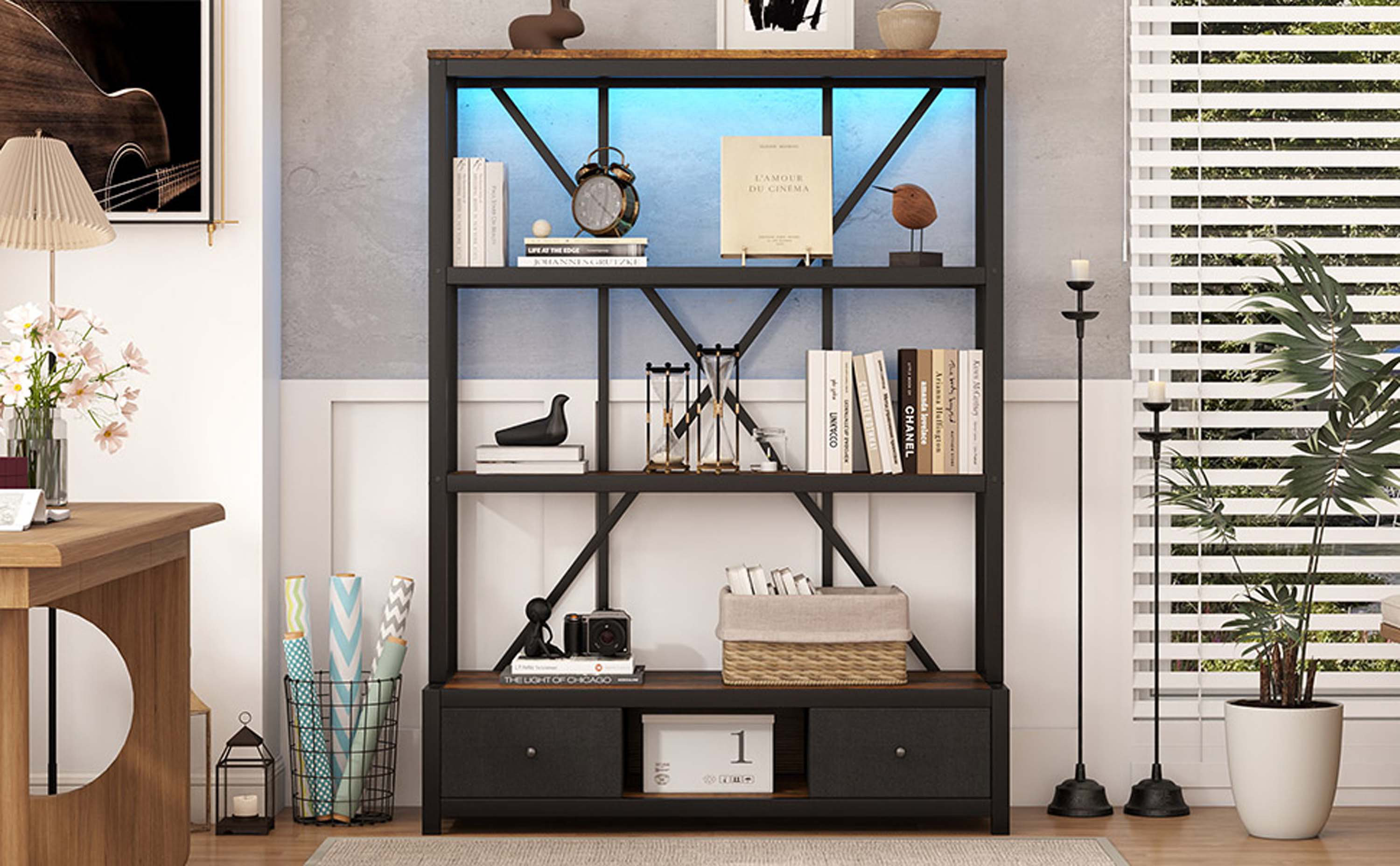 17 Stories 3-Shelf Metal Bookcase with Drawers for Home Office, Open ...