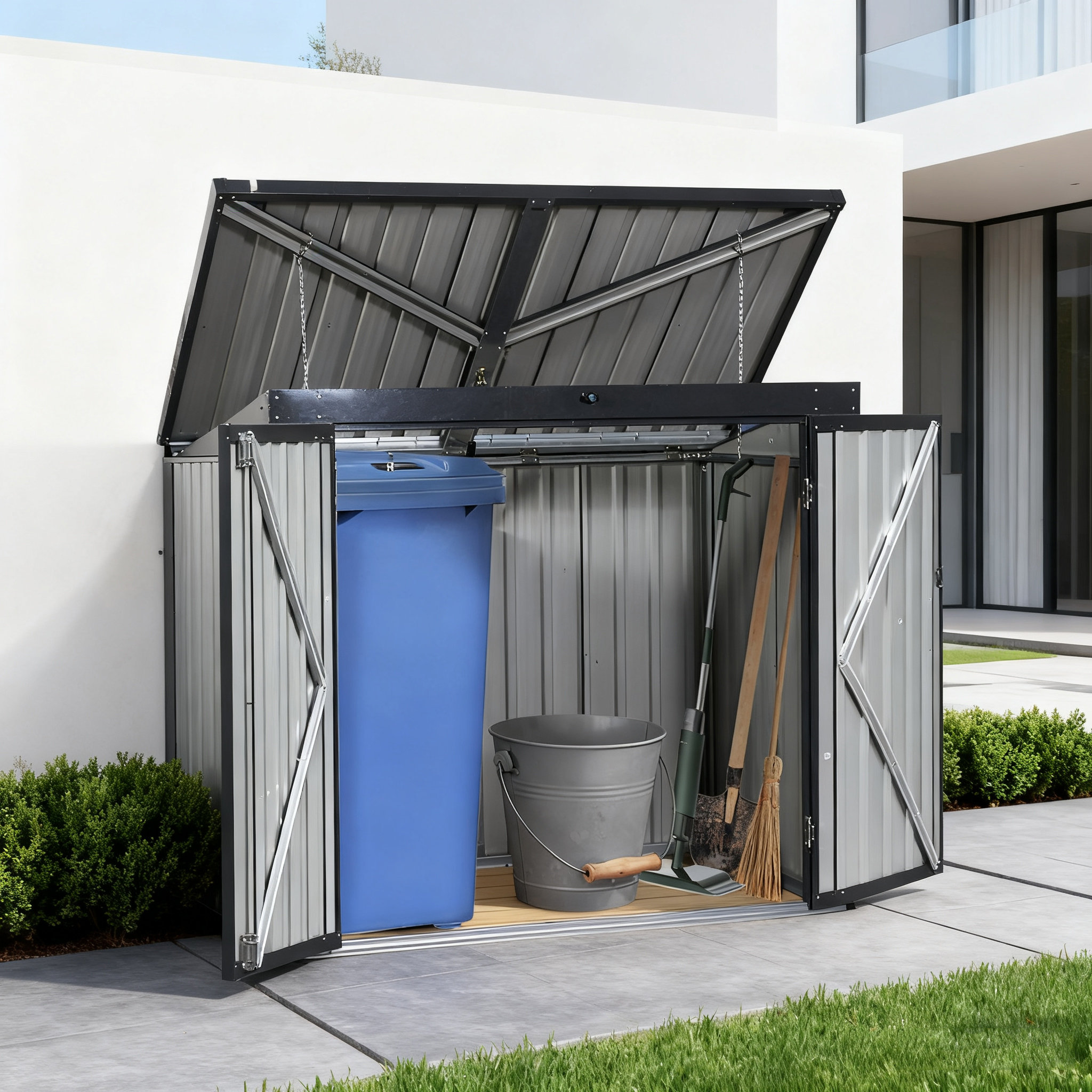 Flattery Metal Outdoor Garbage Bin Shed Stores 2 Trash Cans With ...