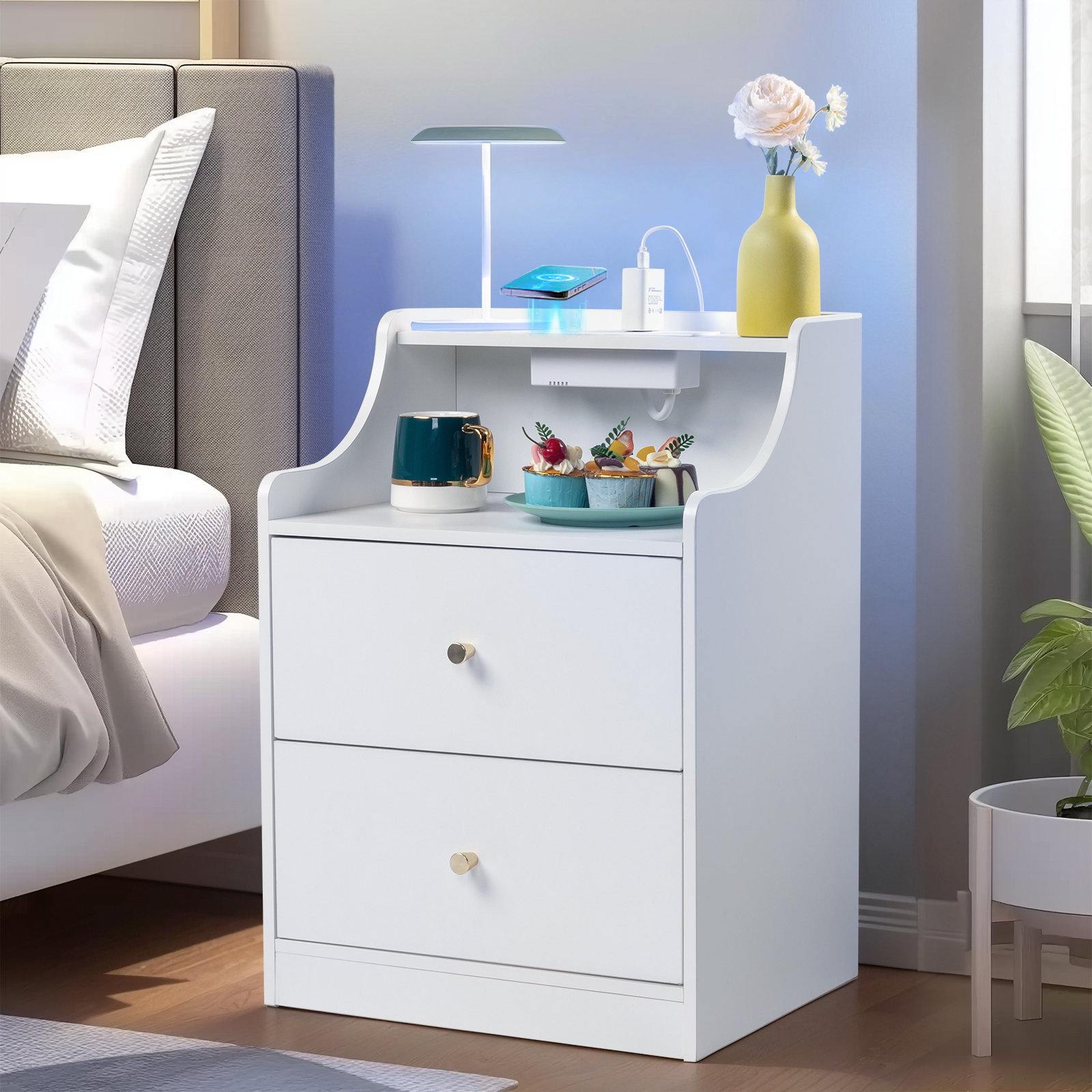 Ebern Designs 2 Drawer White Nightstand With USB - Wayfair Canada
