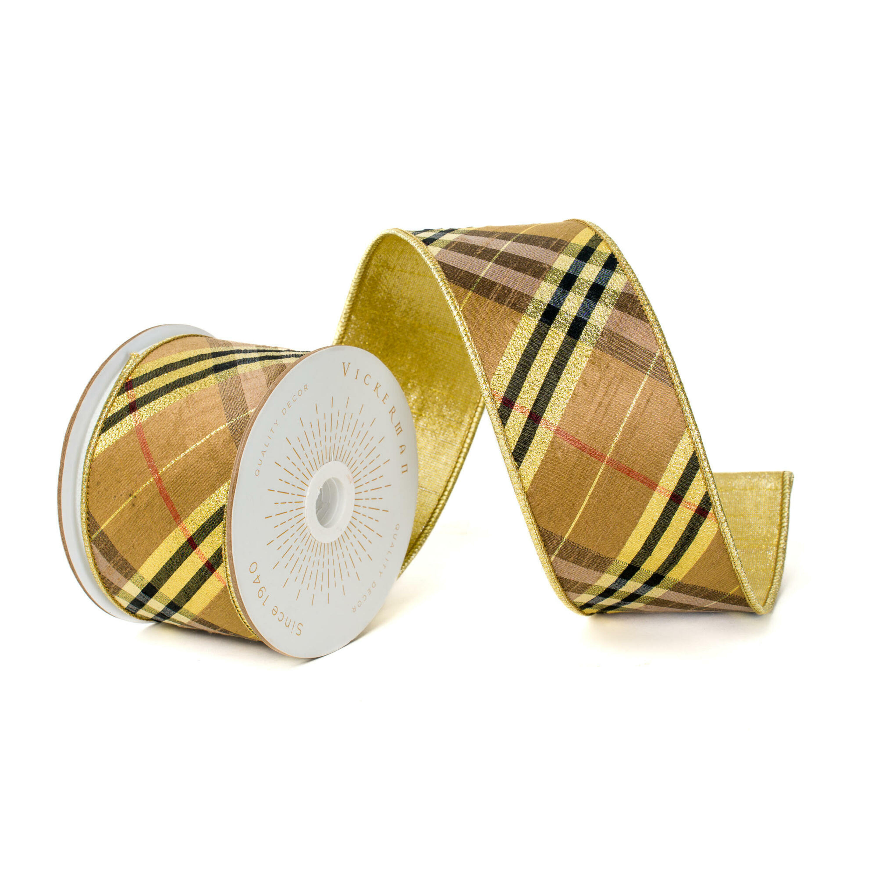 Vickerman 10 Yds Gold and Black Diagonal Plaid with Gold Trim/Backing ...