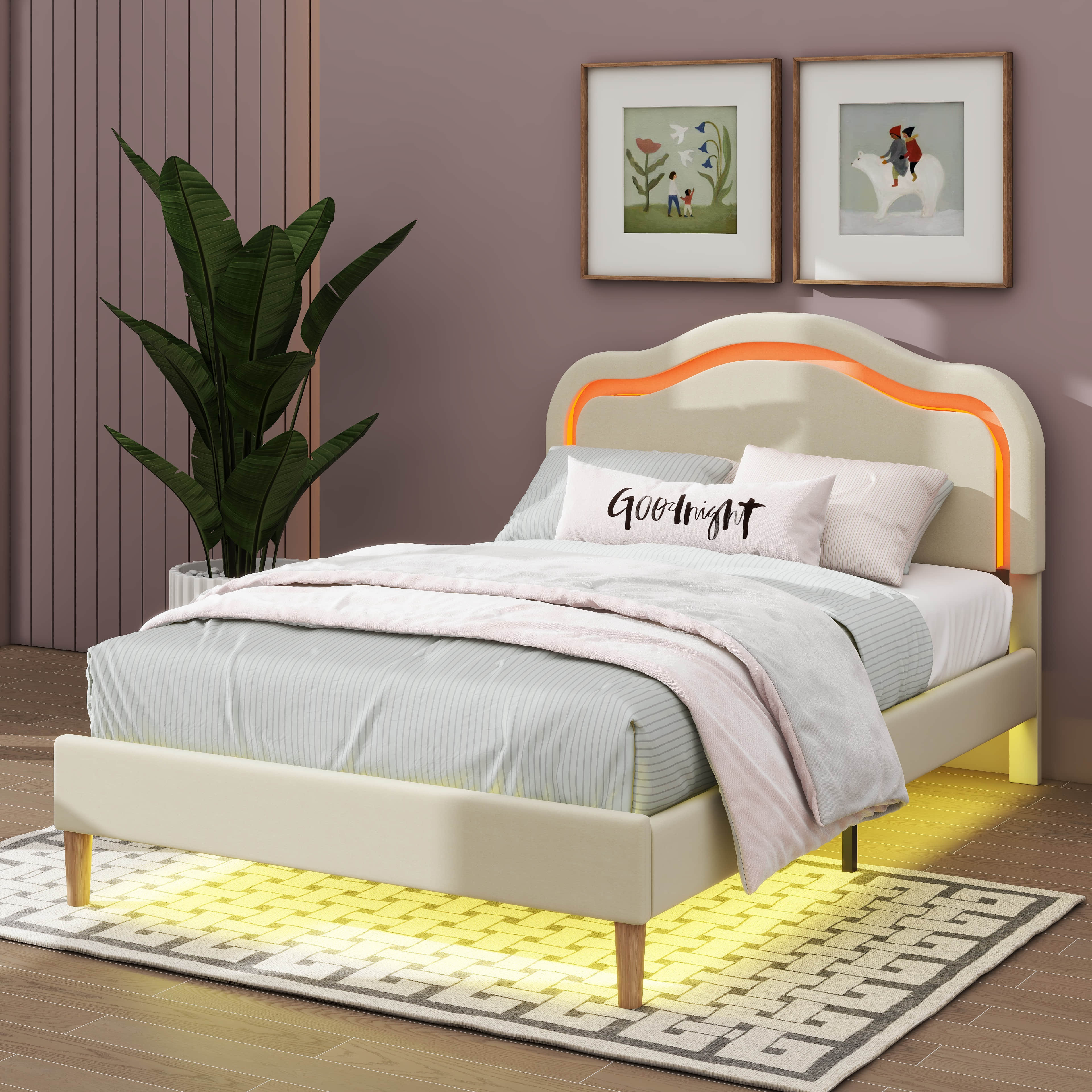 Ivy Bronx Velvet Upholstered Smart LED Bed Frame With Adjustable Height ...