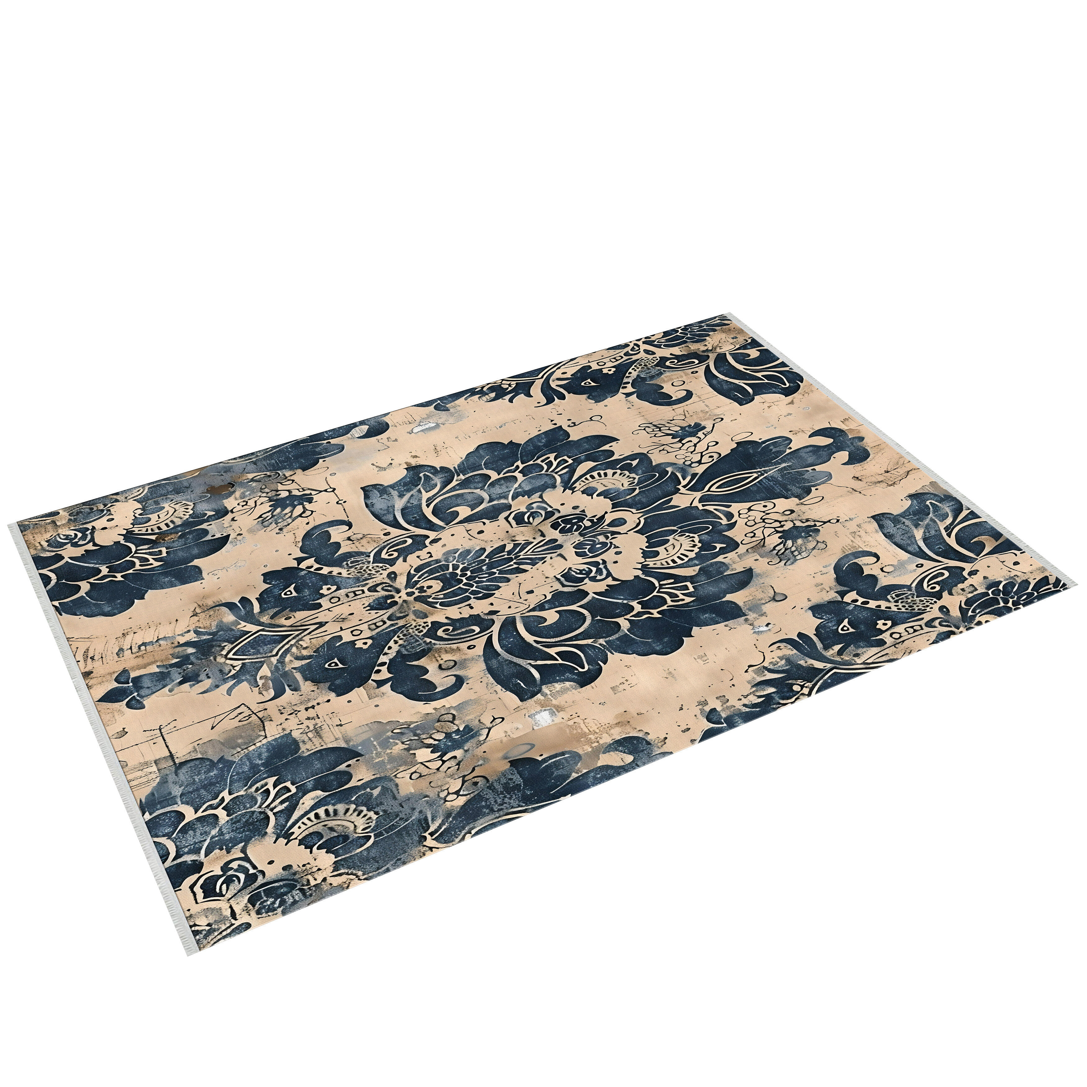 Alcott Hill® Damask Pattern Rug - Navy And Beige - Vintage Ornate ...