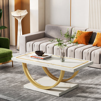 Mercer41 Lokesh White and Gold Low Coffee Table Modern Rectangle Coffee ...