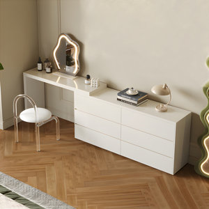 Ivy Bronx Cream Vanity Extendable Vanity Table with 6 Drawers Modern ...