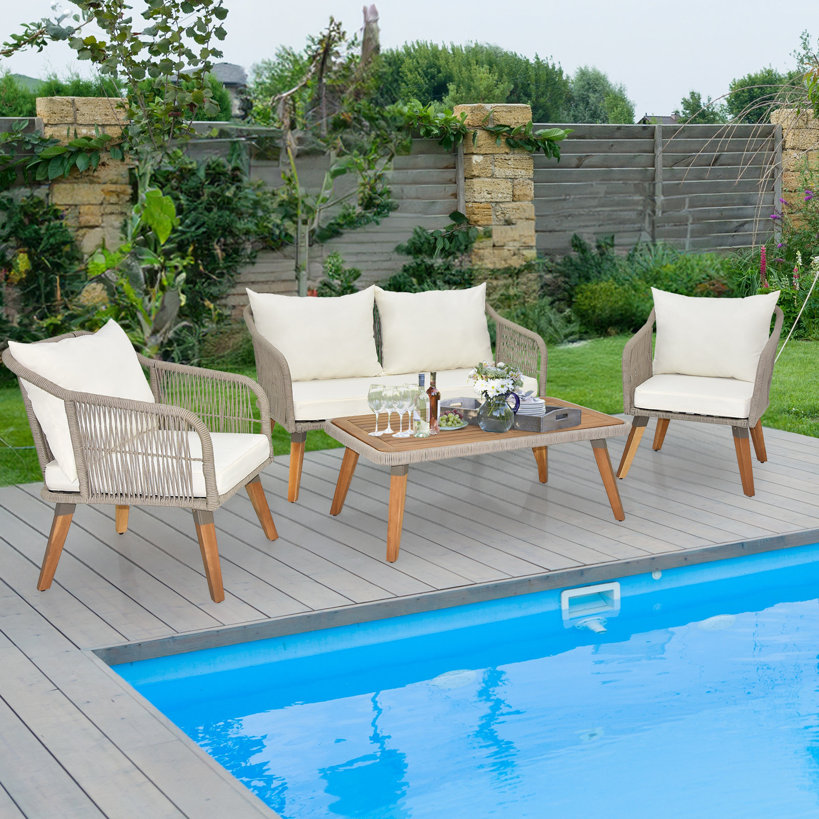 Winado 4 Piece Acacia Patio Furniture Set Conversation Set All-Weather ...