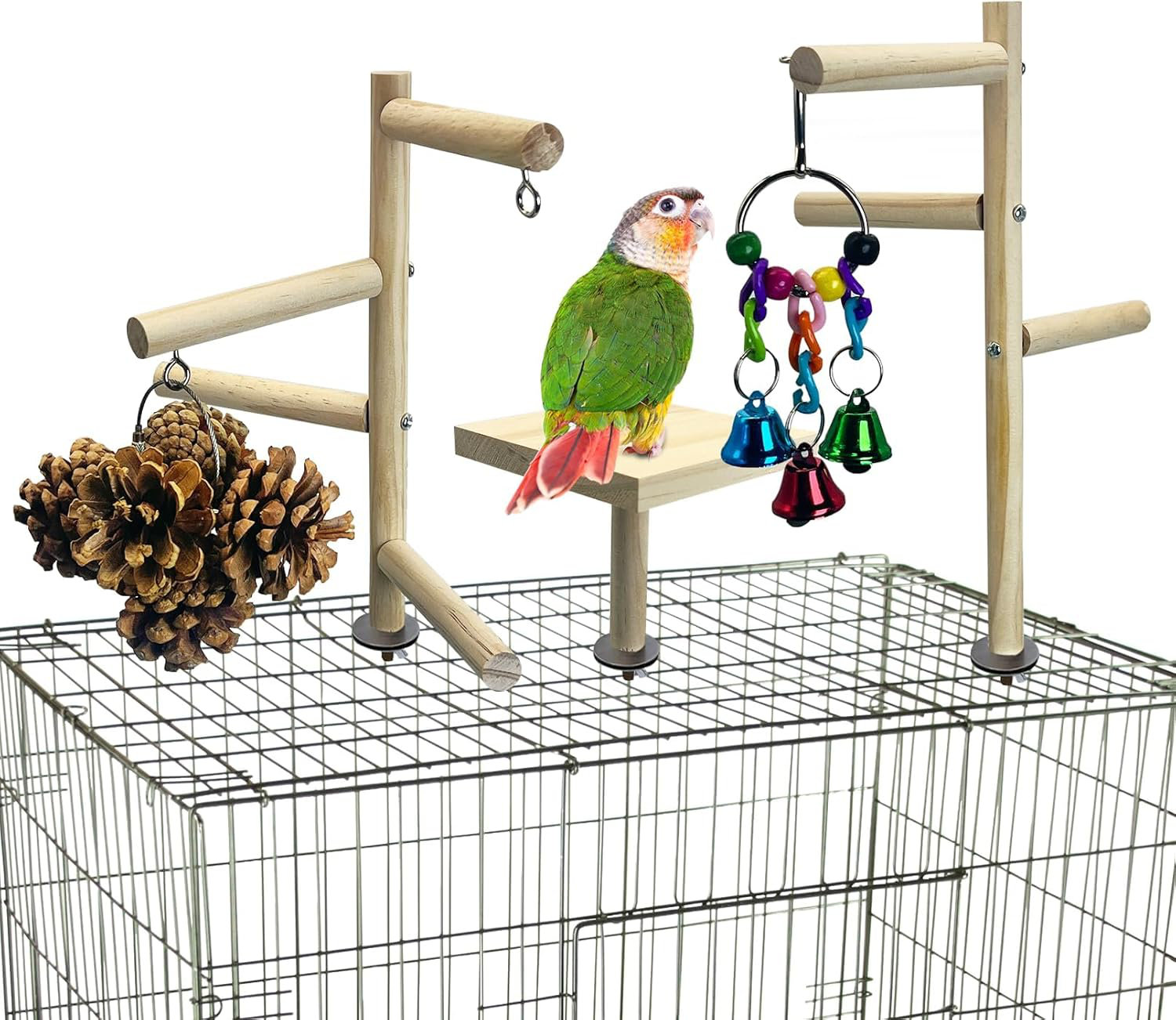 HIBAMSTOR 3 PCS Wooden Small Bird Playground For Top Of Cage, Wood ...