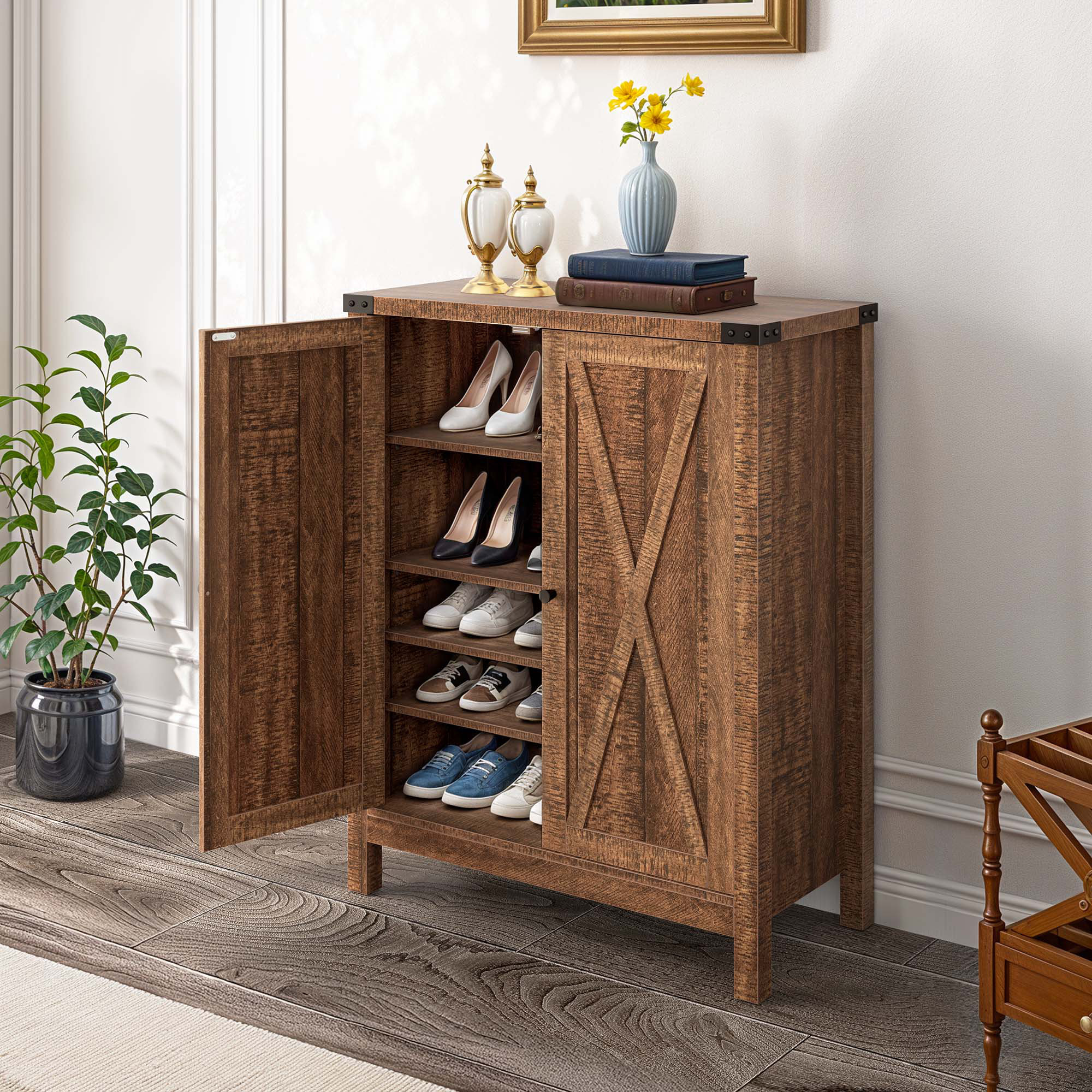 Gracie Oaks Farmhouse Entryway Shoe Rack, Wooden 5-Tier Cabinet with ...