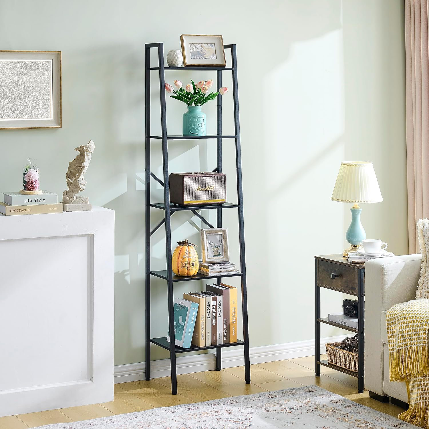 17 Stories 5-Tier Industrial Ladder Bookshelf, Narrow Ladder Shelf ...