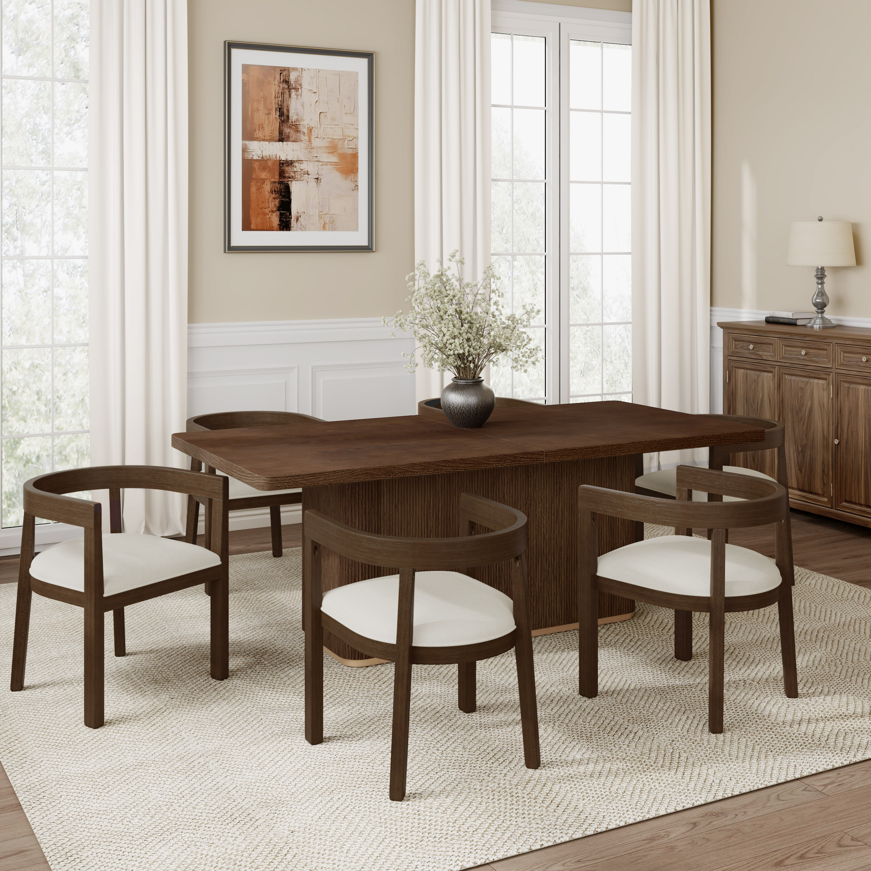 NFusion Elara 7-Piece Mid-Century Modern Solid Wood Dining Set With ...