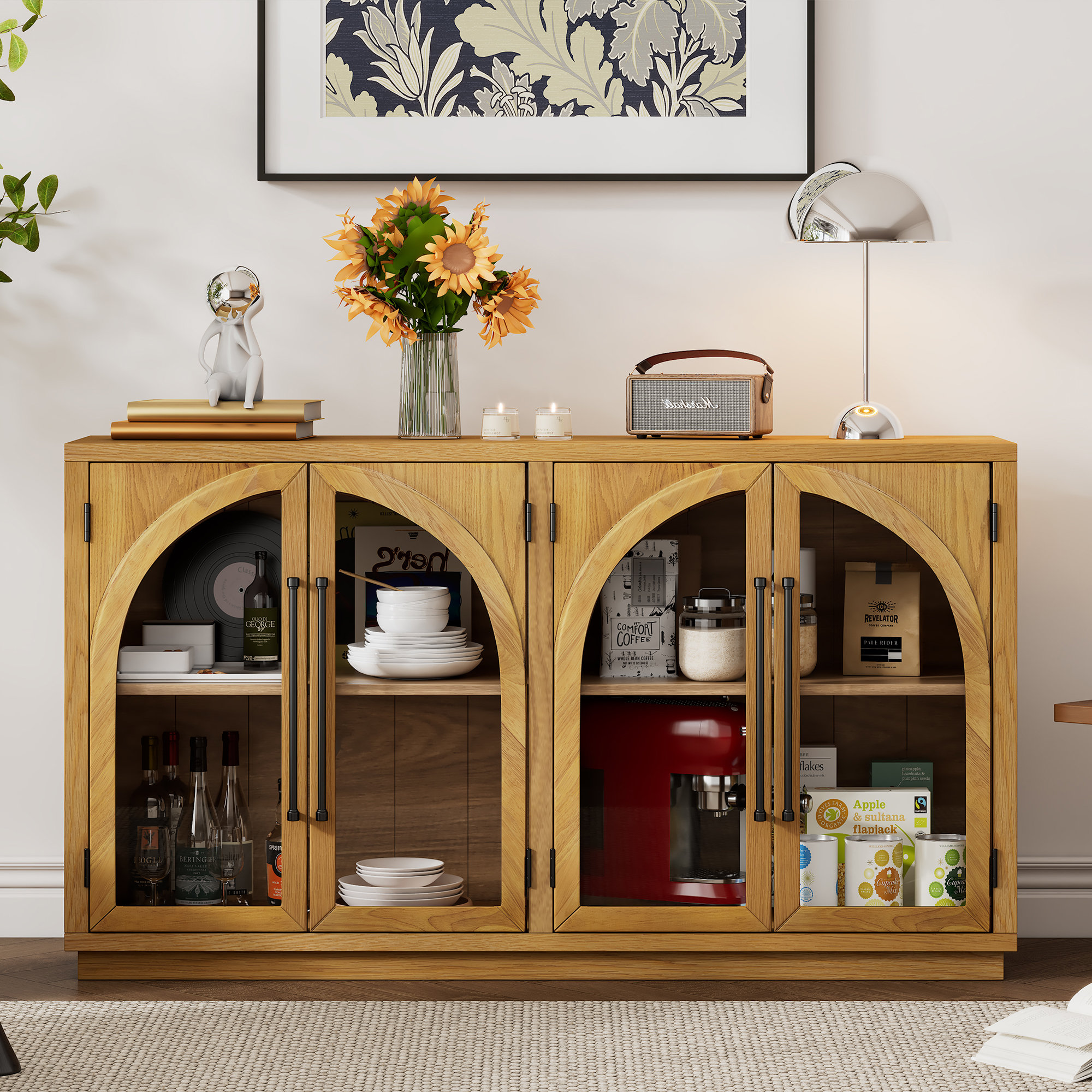 Winston Porter 4-Door Arched Sideboard Buffet Cabinet with Glass Doors ...