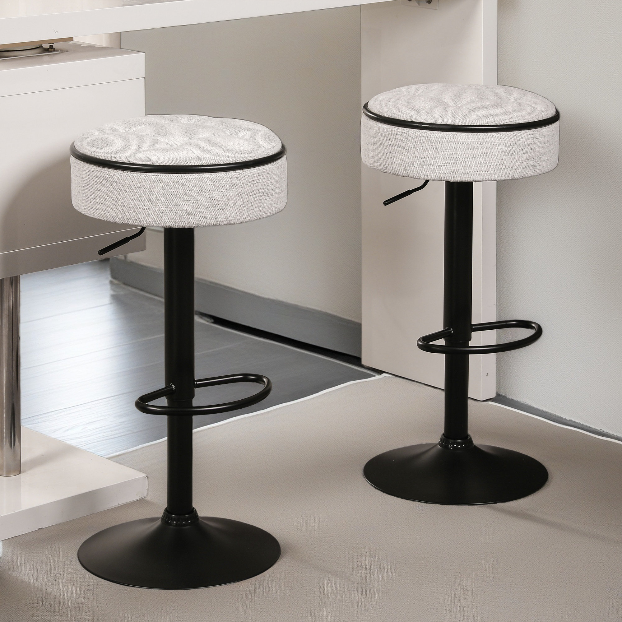 Ebern Designs Round Storage Bar Stool Set Of 2, Linen Height Adjustable ...