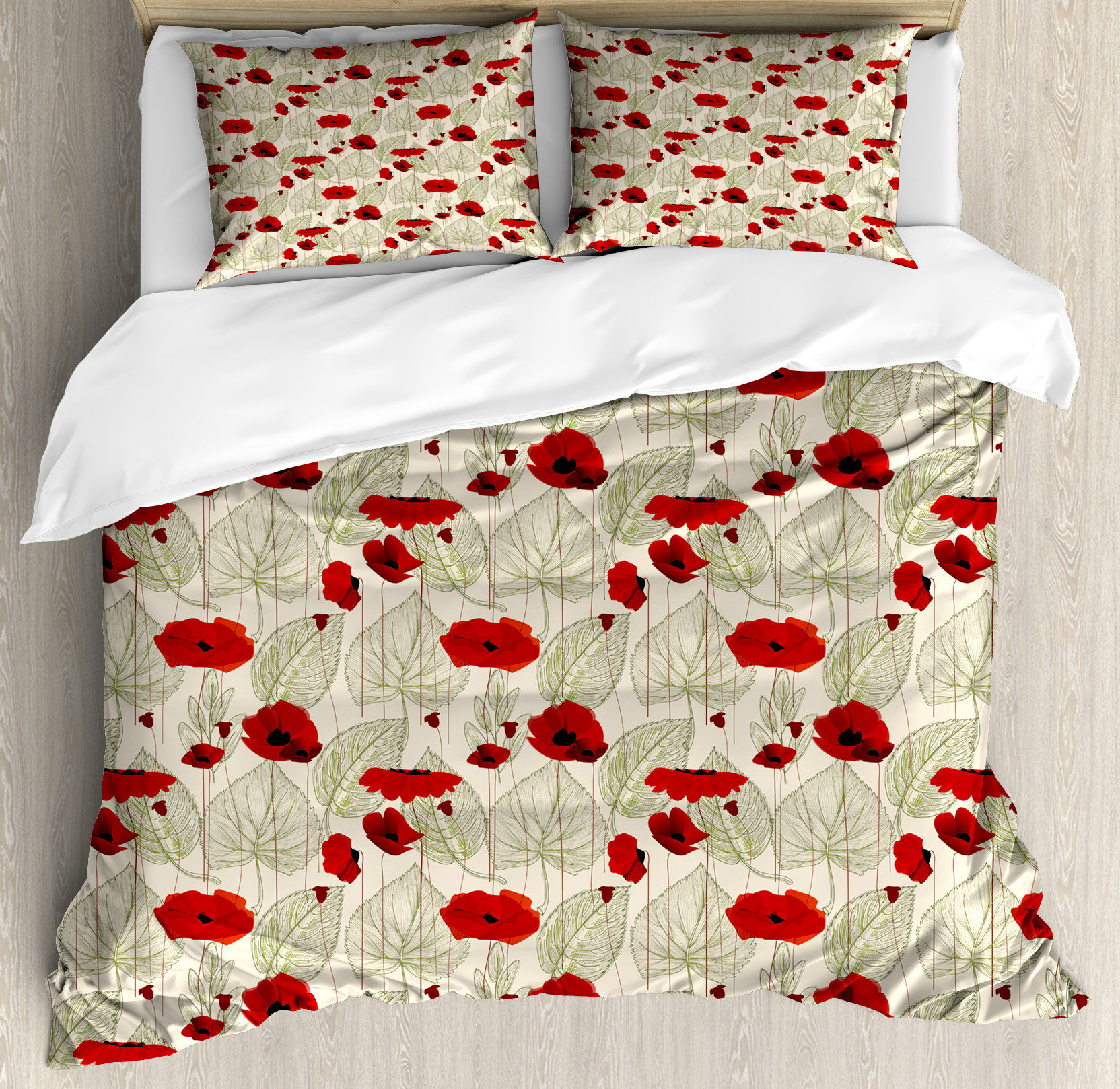 Ambesonne Poppy Flower Duvet Cover Set, Sketch Leaves Rural, Calking ...