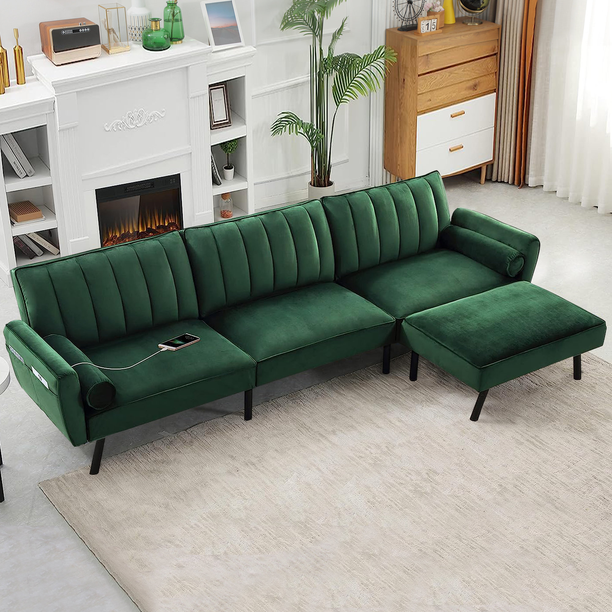 Mercer41 Fara 107" L Shape Sectional Sofa Couch Velvet Sectional ...