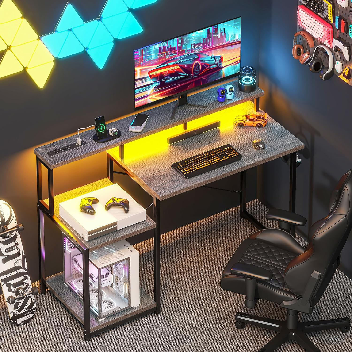 Inbox Zero Computer Desk, 48 Inch Gaming Desk With Led Lights & Power ...