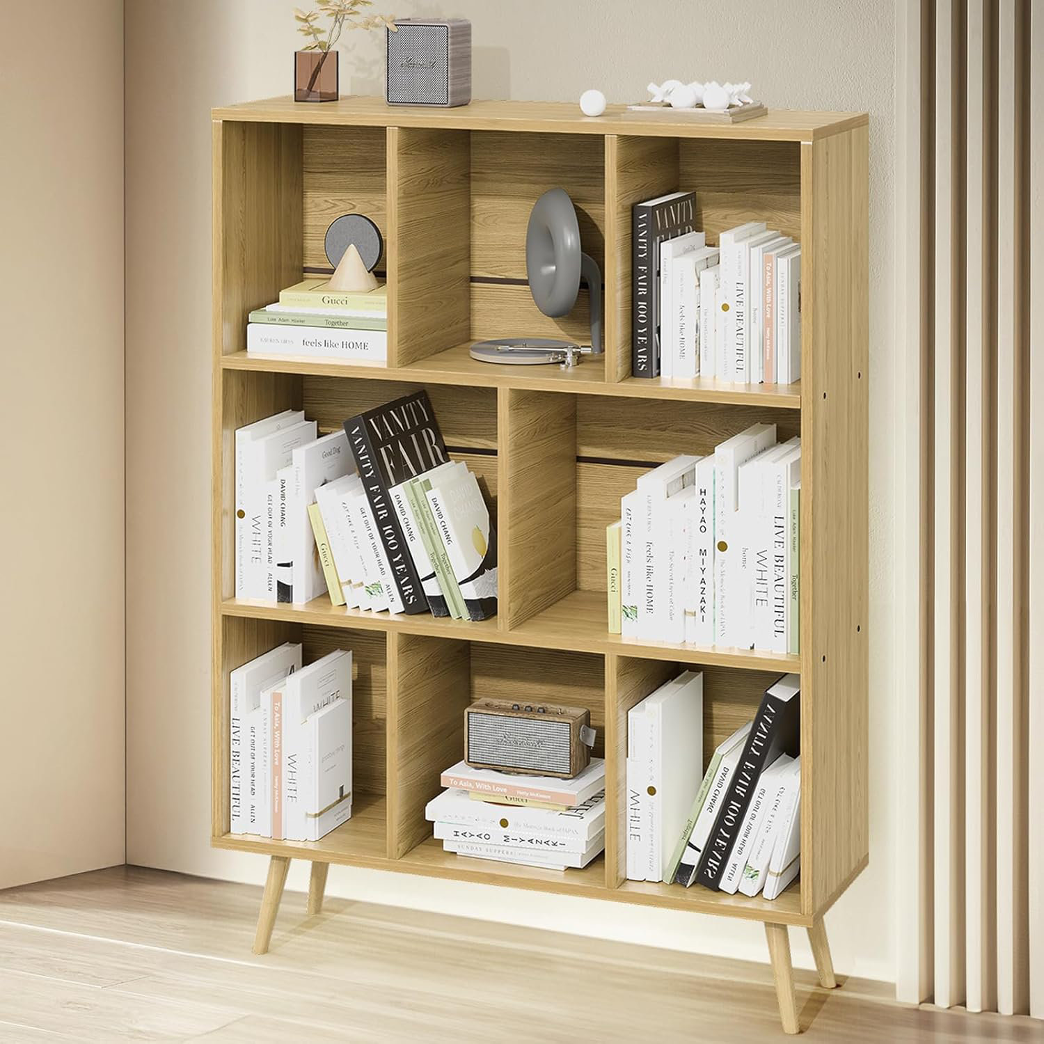 George Oliver 3-Tier Open Wooden Bookshelf with Legs,8-Cube Floor ...