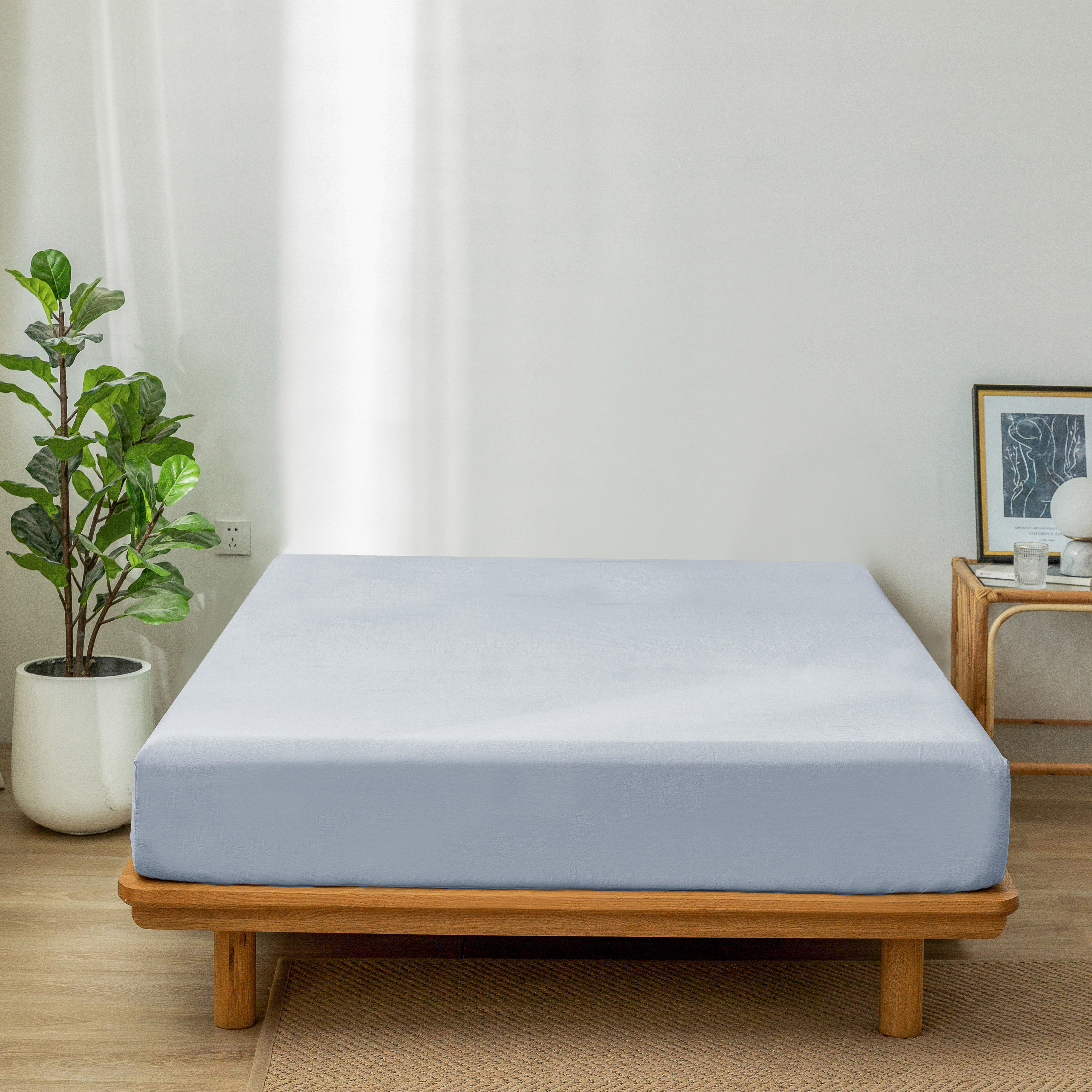 MooMee Fitted Sheet 100% Washed Cotton Extra Deep Pocket Linen Like ...