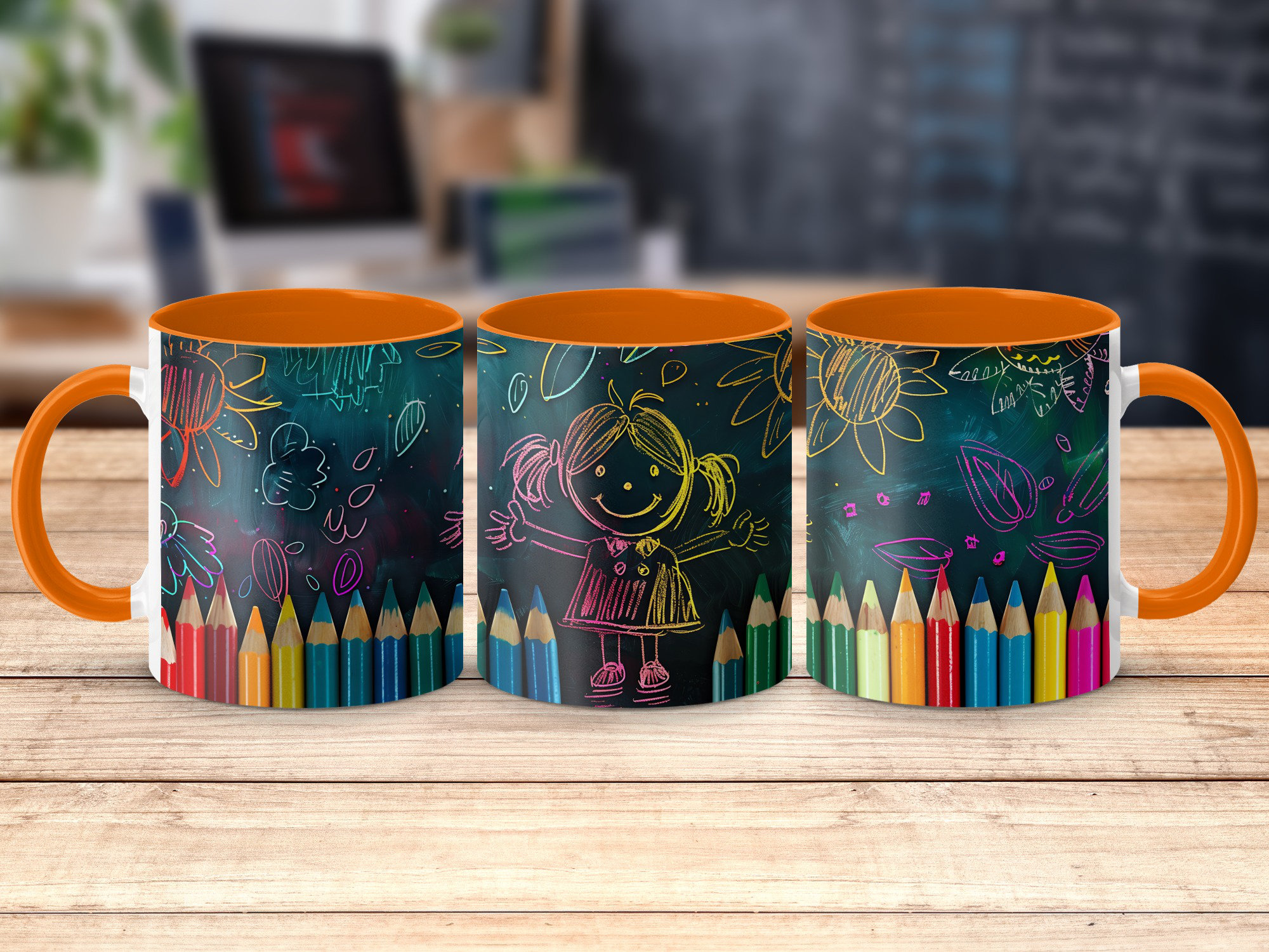 East Urban Home Set of 3 Kids Drawing Style 11oz Accent Mugs – White ...